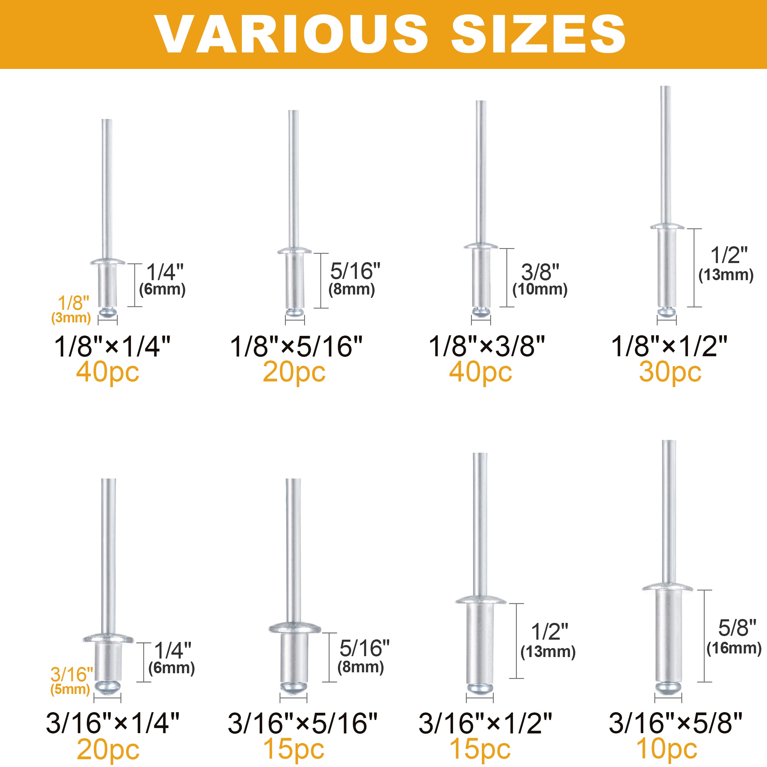 KURUI Pop Rivets Assortment Kit, 190PCs Aluminum Rivets Set in 8 Sizes 1/8*1/4", 1/8*5/16", 1/8*3/8", 1/8*1/2", 3/16*1/4", 3/16*5/16", 3/16*1/2", 3/16*5/8", Blind Rivets for Metal with Organizer