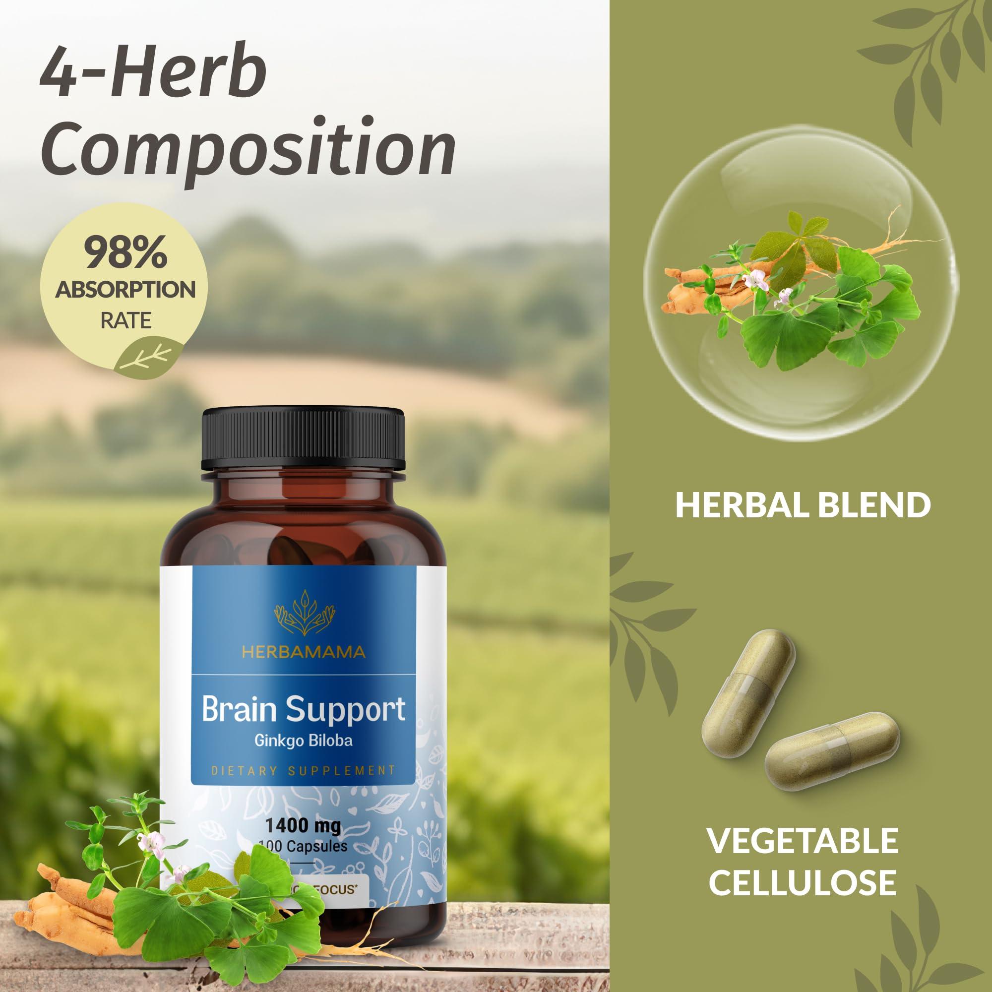 HERBAMAMA Brain Support Capsules - 1400mg Energy and Brain Support Supplement for Adults with Bacopa, Panax Ginseng and Ginkgo Biloba - Vegan, Non-GMO Focus Supplement, 100 Caps