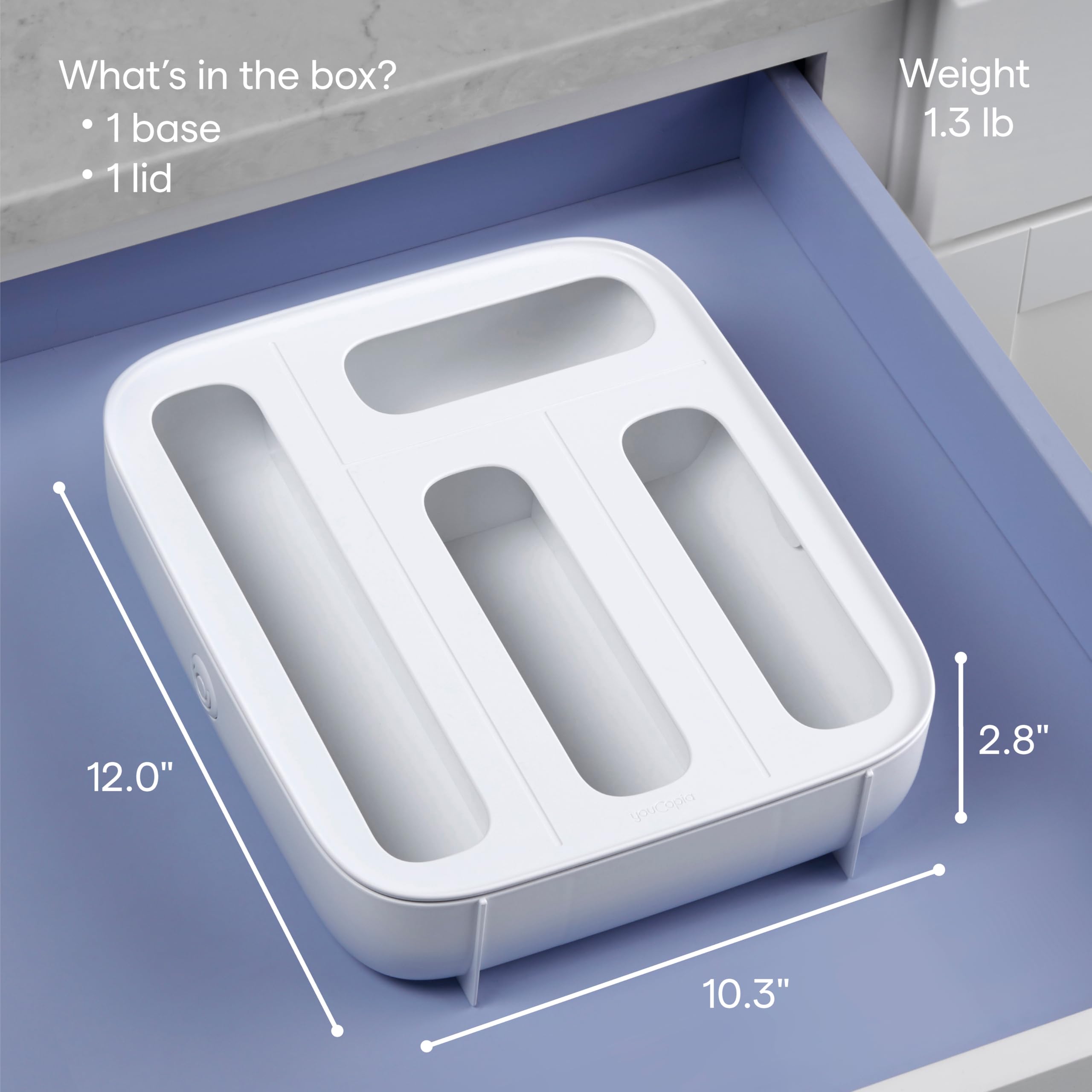YouCopia StoraBag Plastic Sandwich Bag Organizer for Kitchen Storage, 4-Slot, White