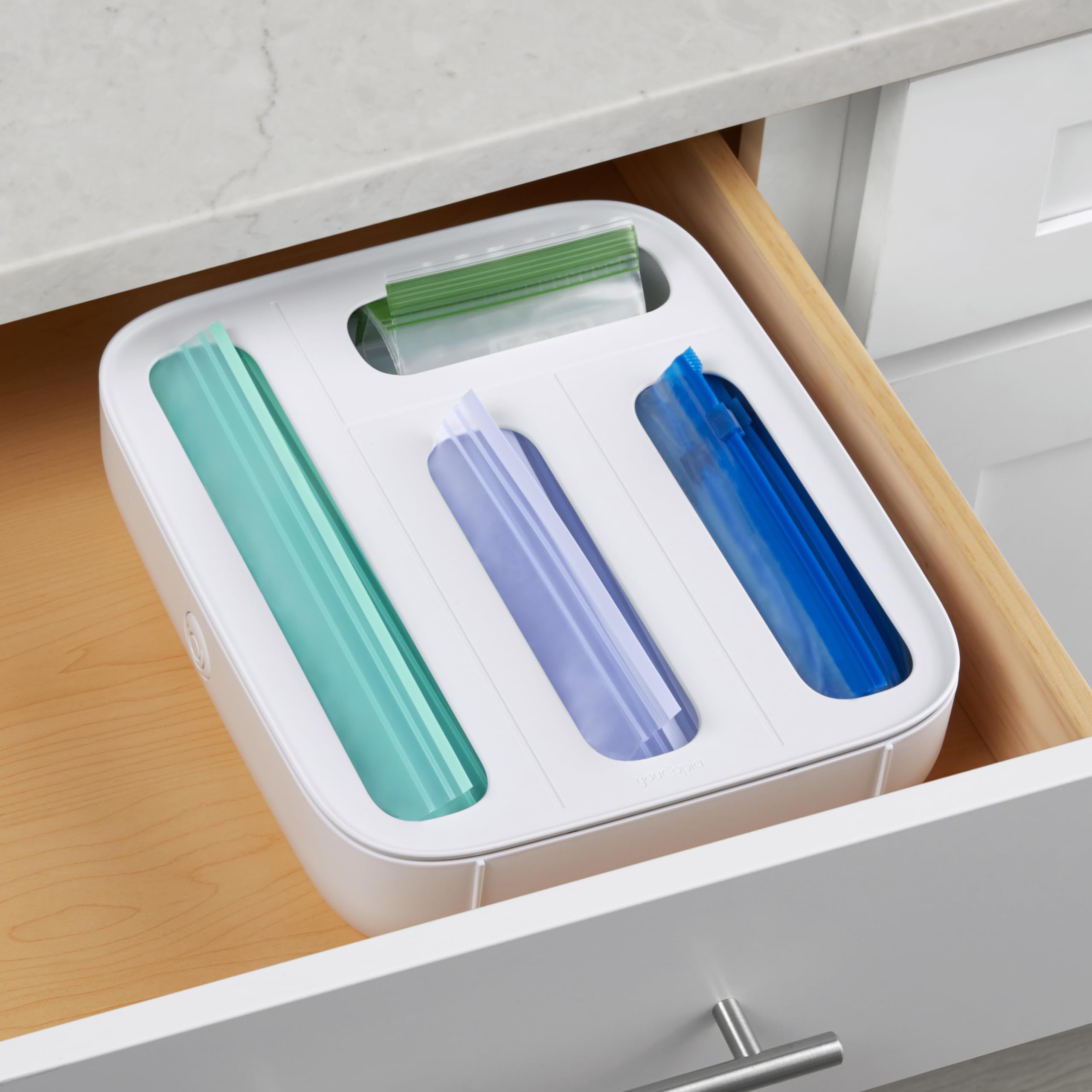YouCopia StoraBag Plastic Sandwich Bag Organizer for Kitchen Storage, 4-Slot, White