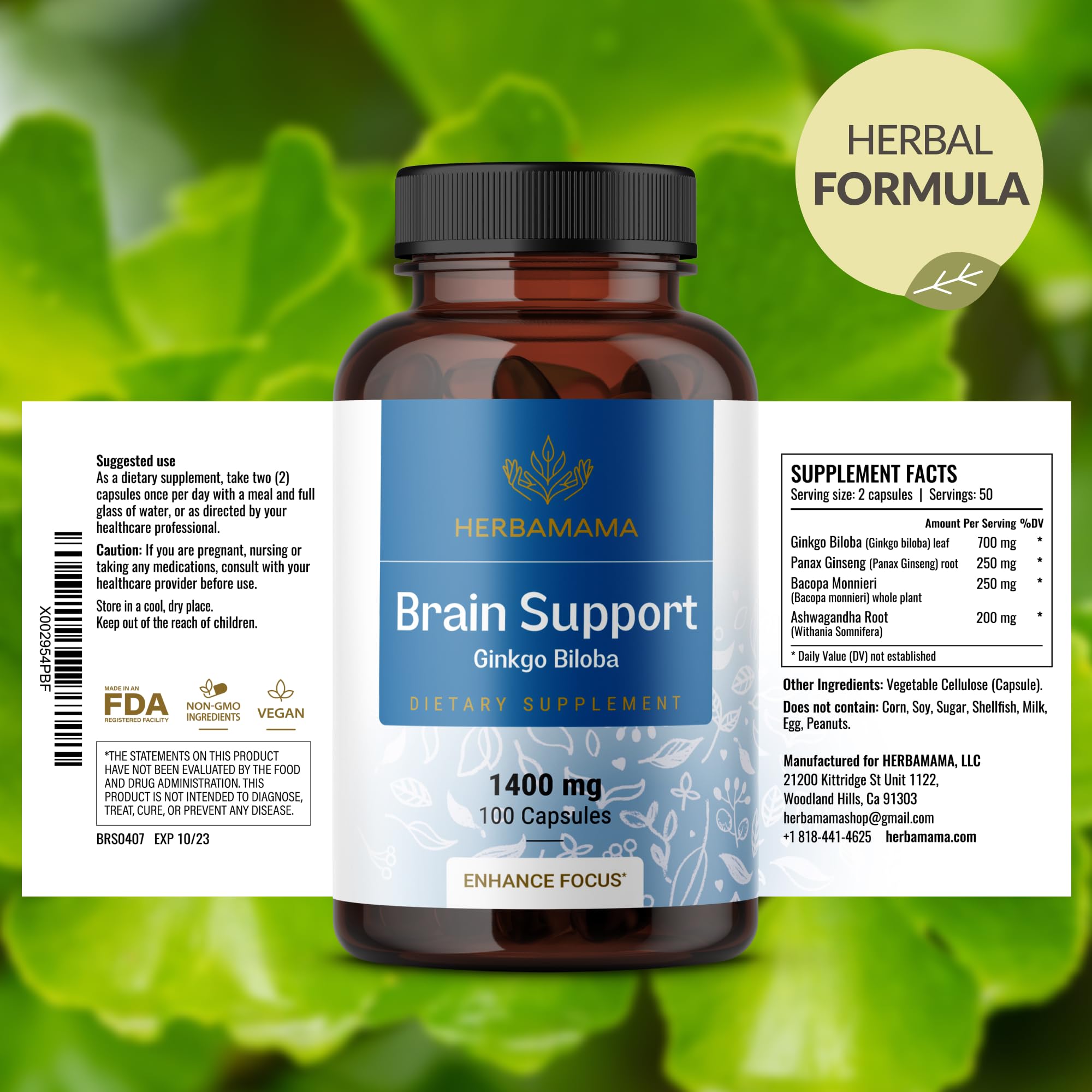 HERBAMAMA Brain Support Capsules - 1400mg Energy and Brain Support Supplement for Adults with Bacopa, Panax Ginseng and Ginkgo Biloba - Vegan, Non-GMO Focus Supplement, 100 Caps
