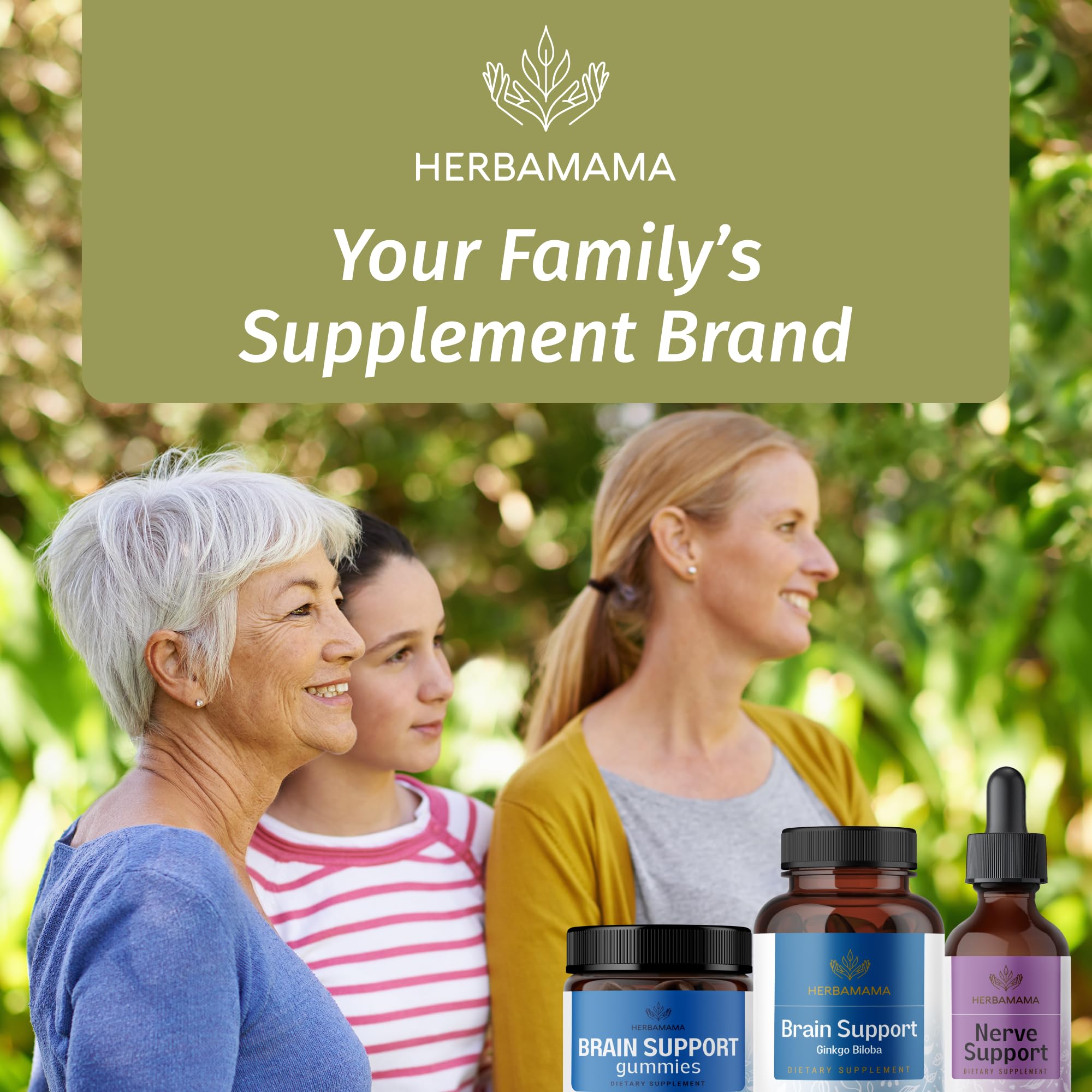 HERBAMAMA Brain Support Capsules - 1400mg Energy and Brain Support Supplement for Adults with Bacopa, Panax Ginseng and Ginkgo Biloba - Vegan, Non-GMO Focus Supplement, 100 Caps