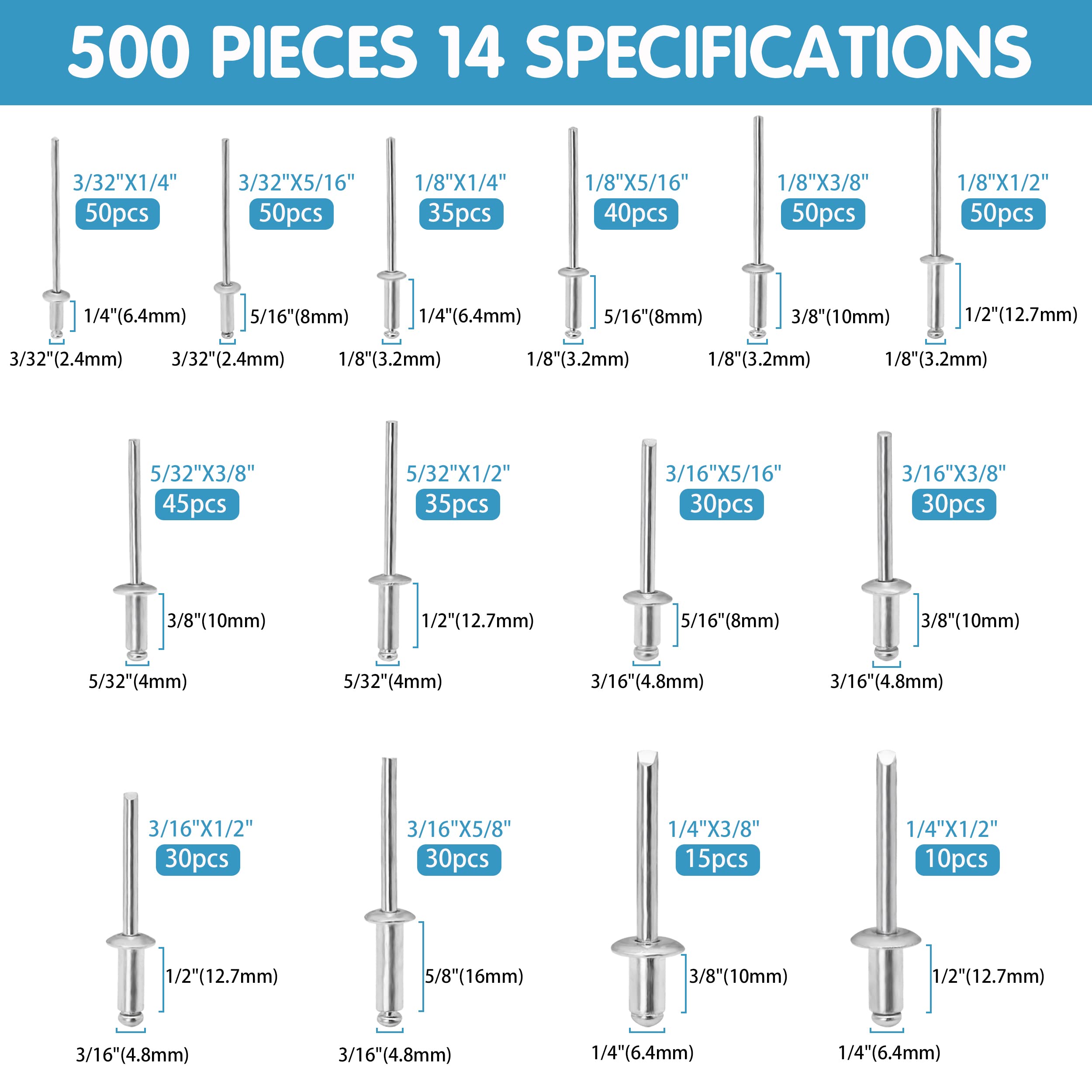 SATANTECH 500pcs Pop Rivets Assortment Kit,14 SAE Sizes Aluminum Rivets (3/32" 1/8" 5/32" 3/16" 1/4"), Assorted Blind Rivets with Reinfored Divider & Labeled Case