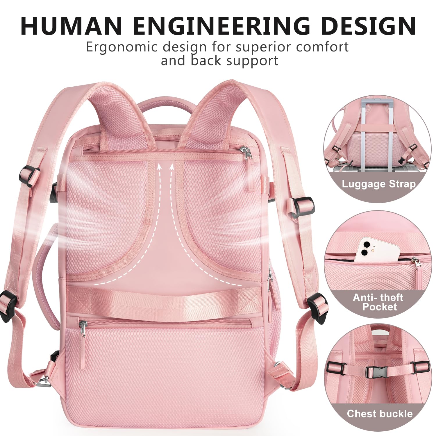 Snoffic Travel Backpack for Women, Large Carry On Backpack for Travel, Waterproof Backpack Personal Item, Backpack for Women, 17.3 Inch Laptop Backpack, College Bag Casual Daypack, Pink