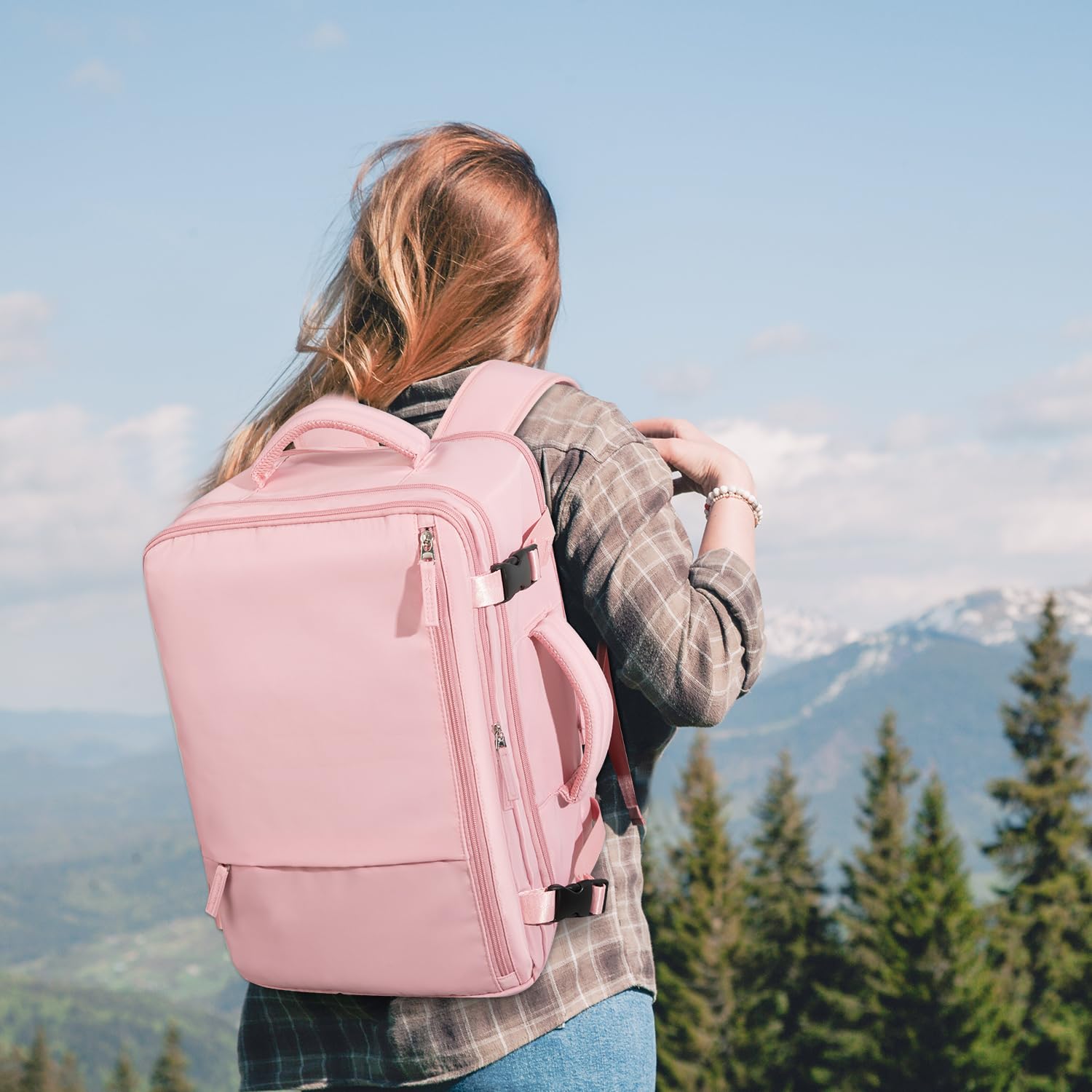 Snoffic Travel Backpack for Women, Large Carry On Backpack for Travel, Waterproof Backpack Personal Item, Backpack for Women, 17.3 Inch Laptop Backpack, College Bag Casual Daypack, Pink