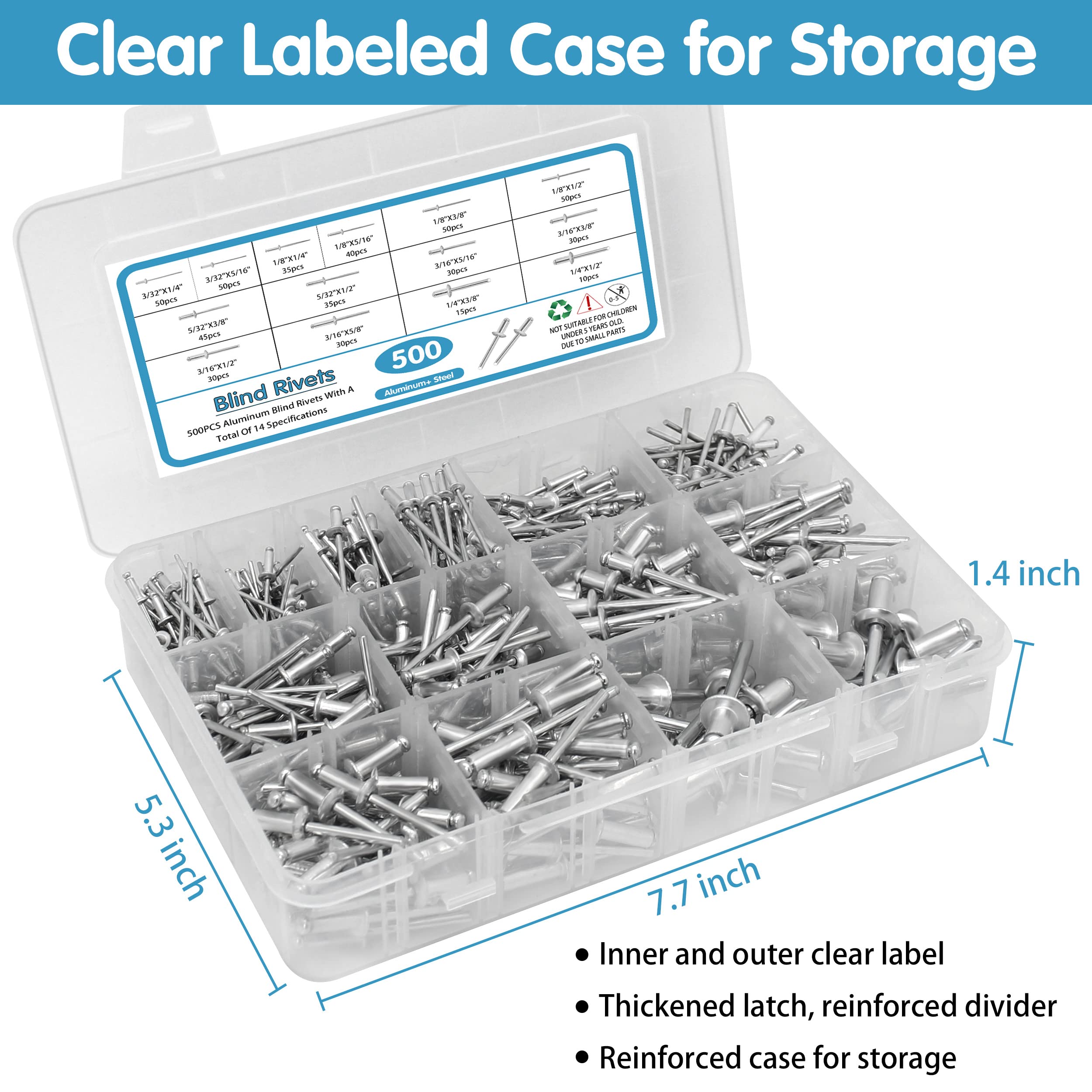 SATANTECH 500pcs Pop Rivets Assortment Kit,14 SAE Sizes Aluminum Rivets (3/32" 1/8" 5/32" 3/16" 1/4"), Assorted Blind Rivets with Reinfored Divider & Labeled Case