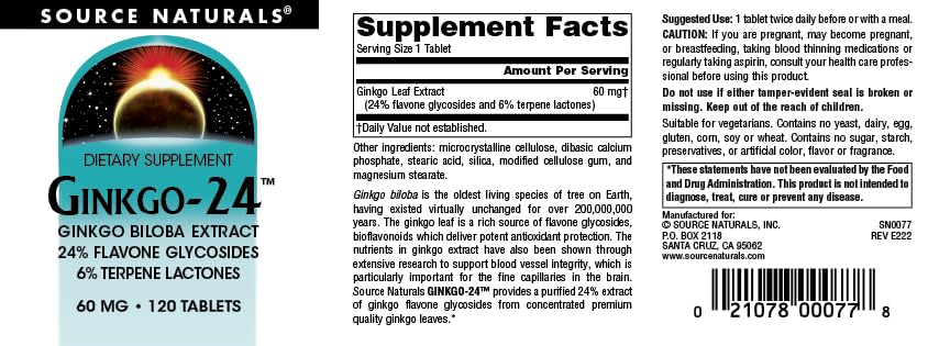 Source Naturals Ginkgo-24 Biloba Extract 60 Mg, 120 Tablets