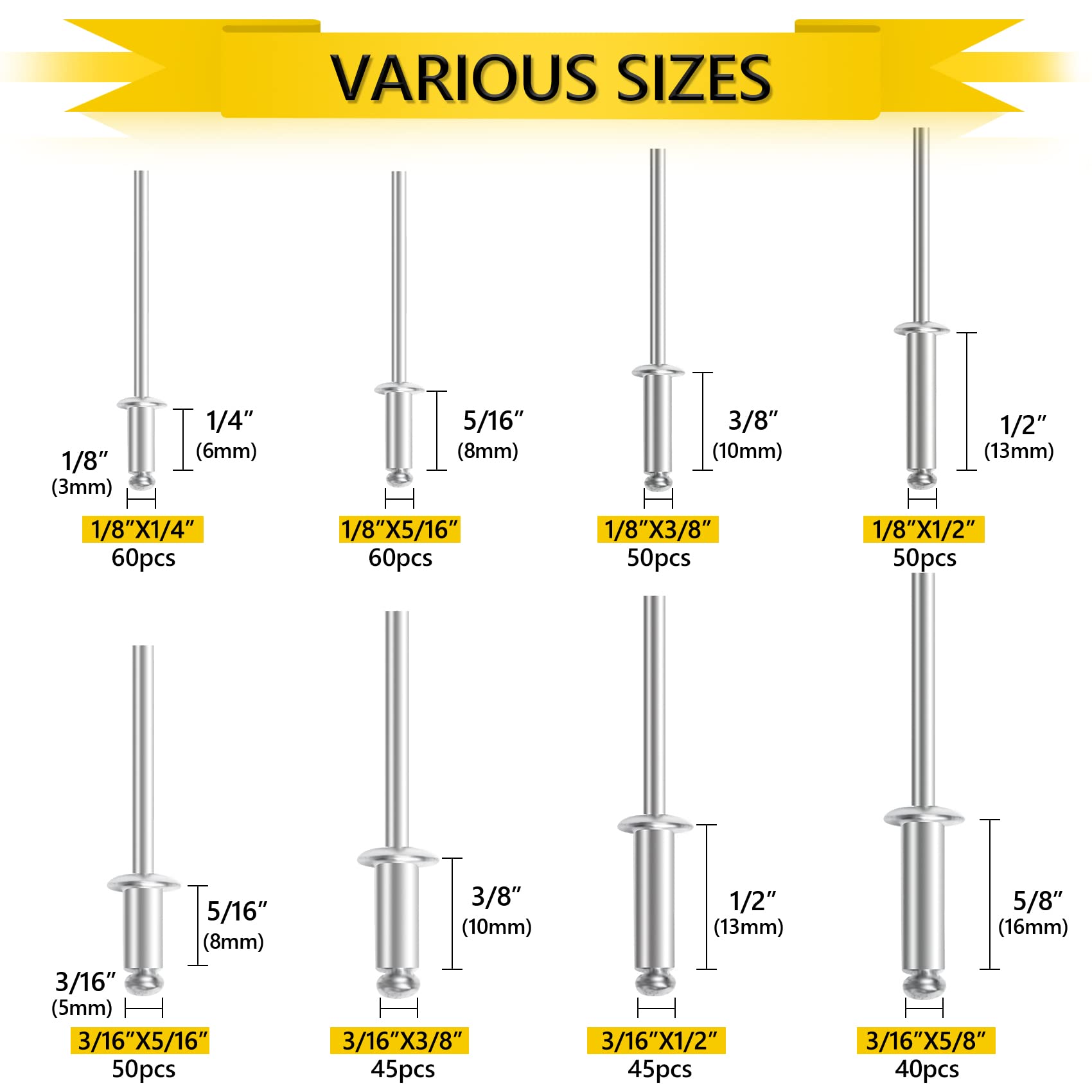 400PCS Silver Pop Rivets Assortment Kit, 8 SAE Sizes Aluminum Rivets (1/8" 3/16") with Reinforced Divider & Labeled Case for Storage