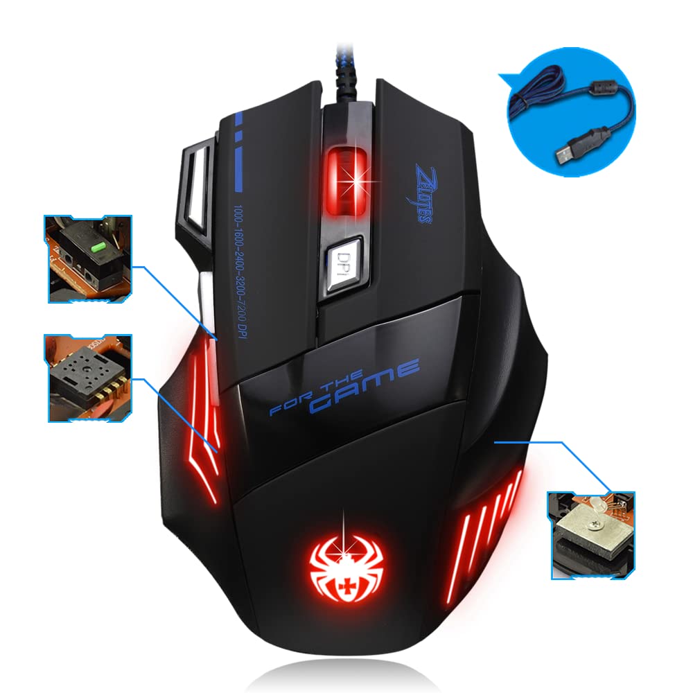 zelotes Wired Gaming Mouse with Fire Button,7200 DPI,7 Buttons,Ergonomic Design,LED Illumination,Corded Optical Mouse Mice for Laptop,PC,Mac,Black