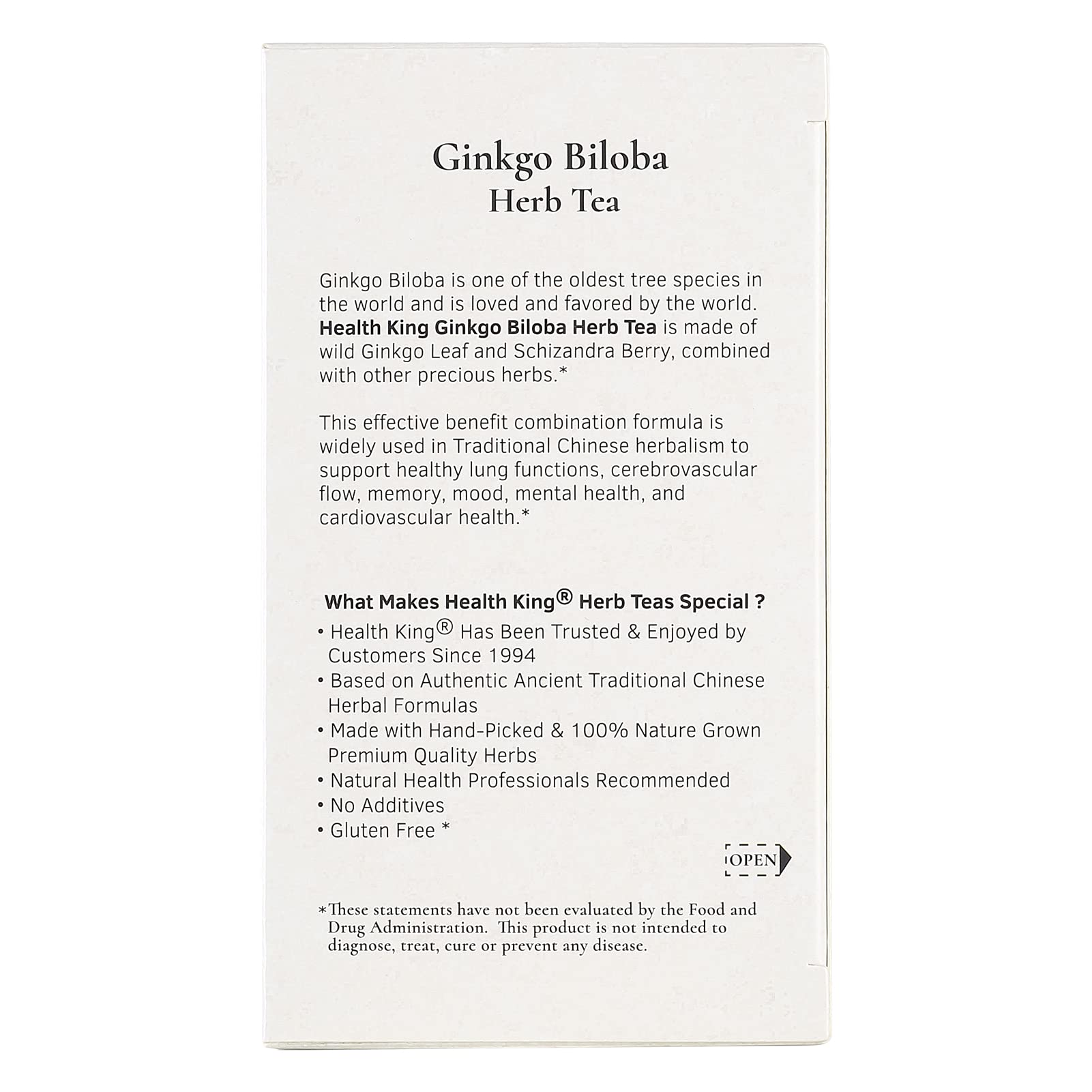 Health King Ginkgo Biloba Herb Tea, Teabags, 20 Count Box