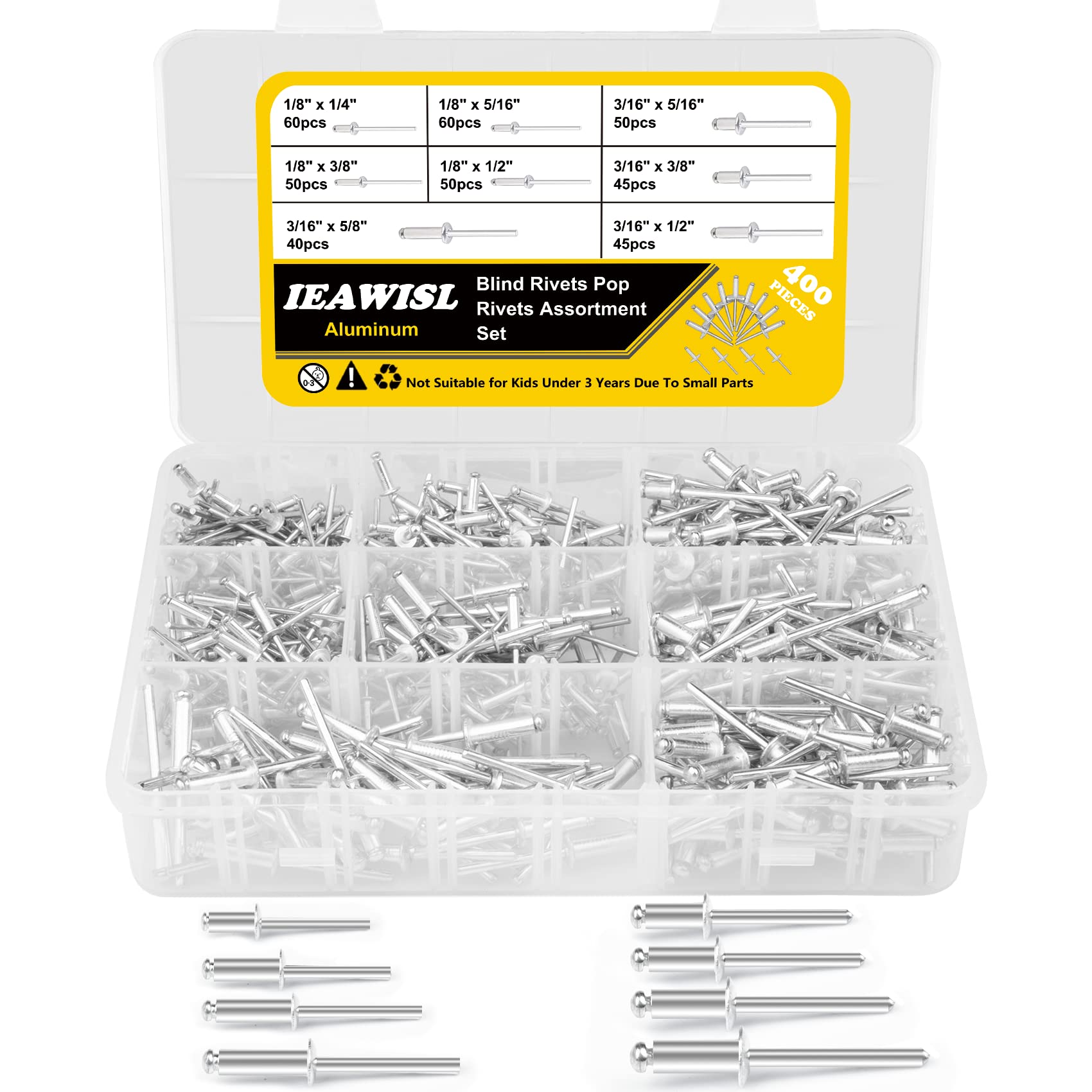 400PCS Silver Pop Rivets Assortment Kit, 8 SAE Sizes Aluminum Rivets (1/8" 3/16") with Reinforced Divider & Labeled Case for Storage
