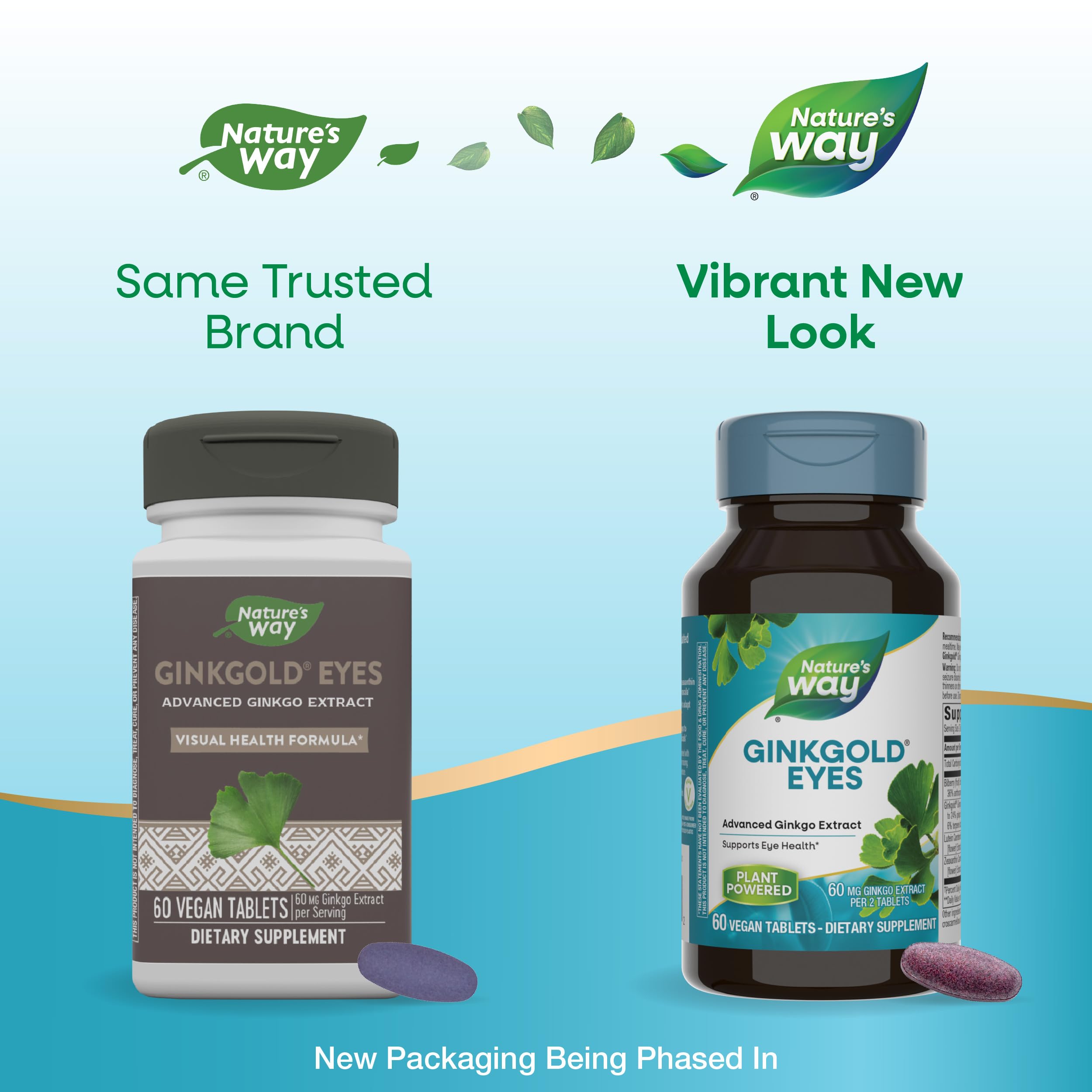 Nature's Way Ginkgold Eyes, Gingko Biloba Supplement for Adults, Supports Eye Health*, Gluten Free, 60mg Ginkgo Biloba Extract Per 2- Tablet Serving, 60 Tablets (Packaging May Vary)
