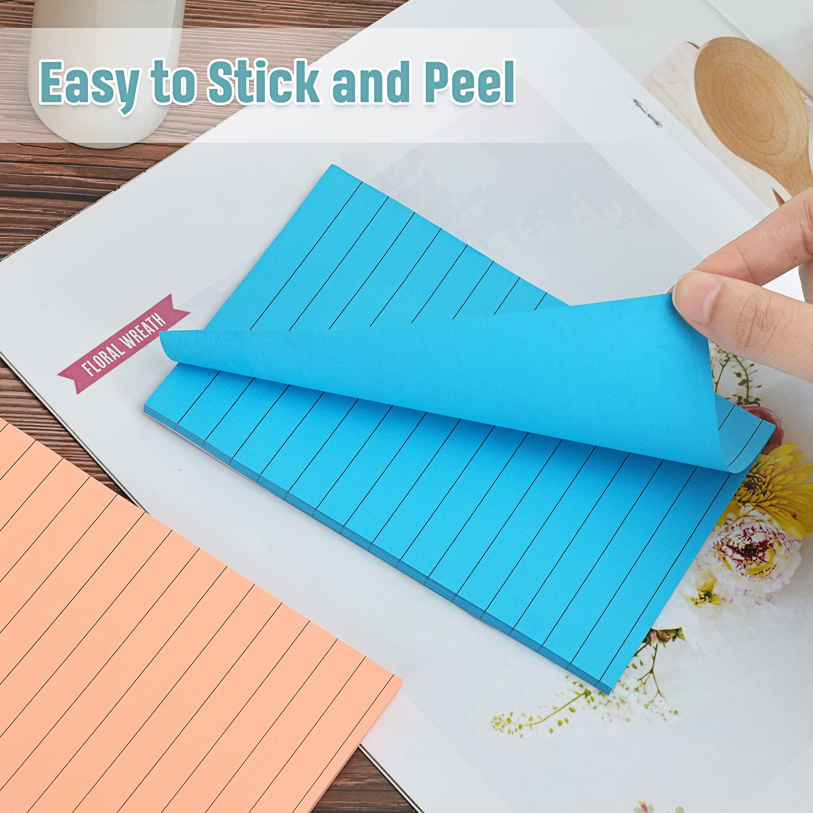 EOOUT 8 Pack Lined Sticky Notes 4x6 Inches, Bright Ruled Self-Stick Pads, Colorful Super Sticking Power Memo Pads, Strong Adhesive Notes for Home, Office, School, Meeting, 45 Sheets/pad