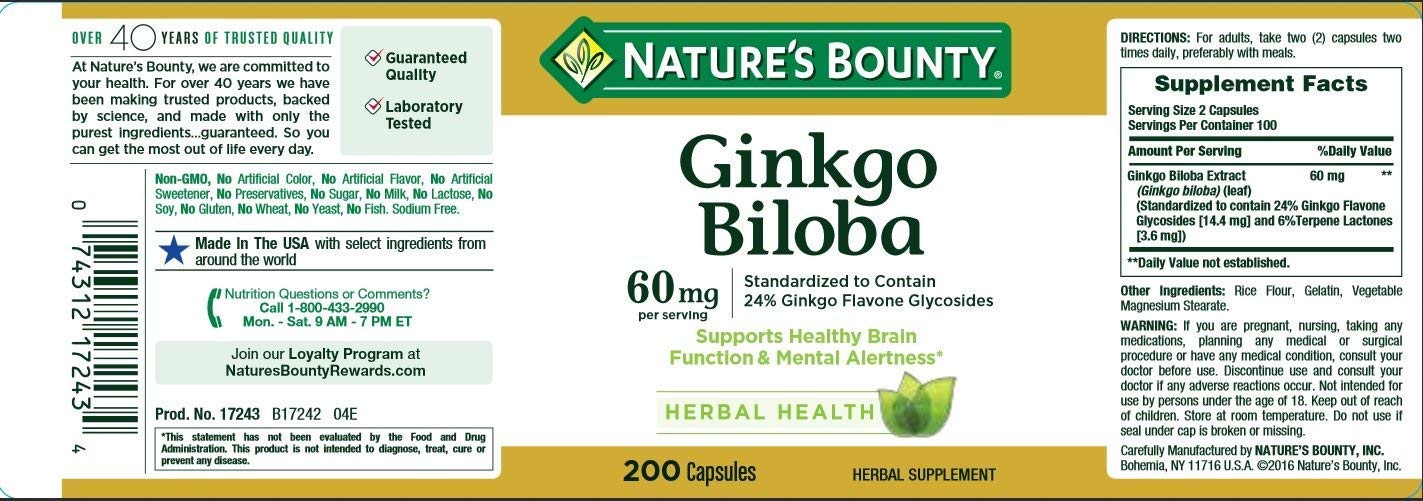 Nature's Bounty Ginkgo Biloba 60mg Capsules, 200 Count (Pack of 2)