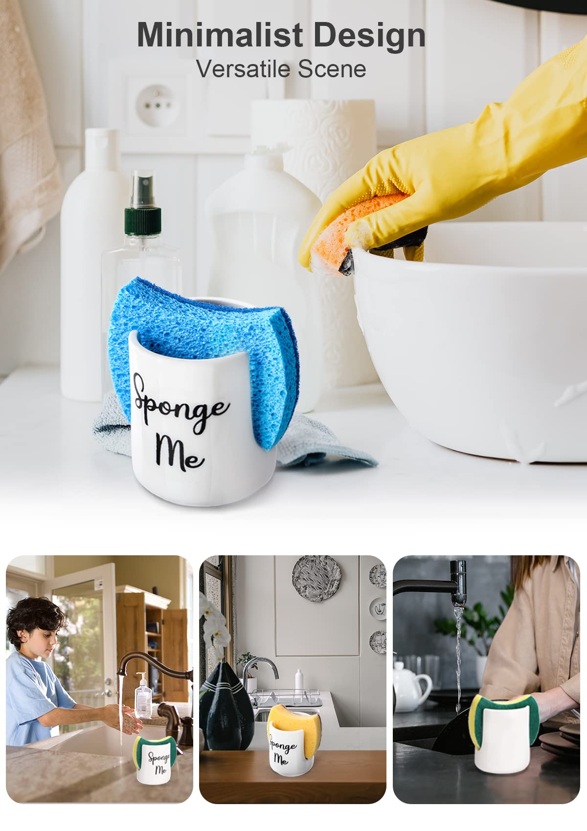 Nucookery Sponge Holder, Ceramic Dish Sponge Holder for Kitchen Sink with Sponge, Porcelain Kitchen Sink Sponge Caddy, Farmhouse Kitchen Sink Organizer for Sink Accessories