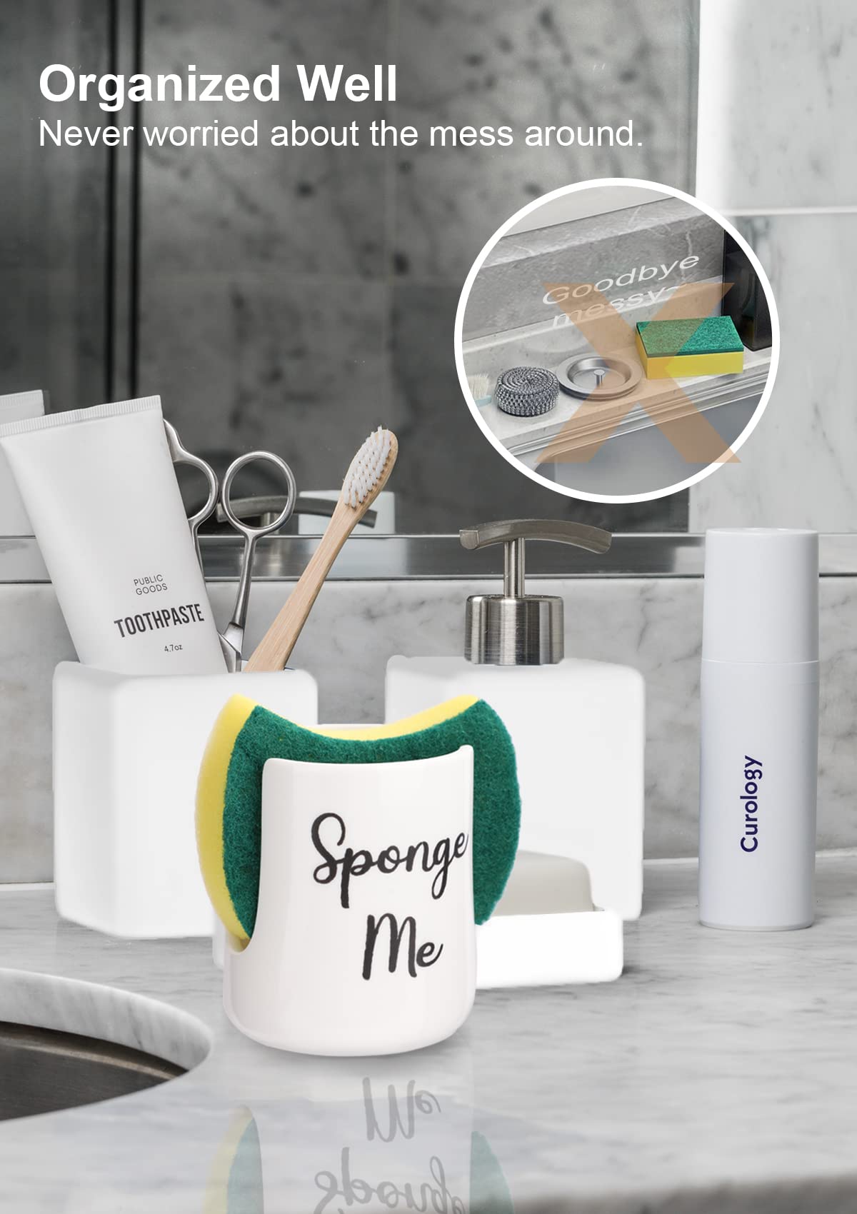 Nucookery Sponge Holder, Ceramic Dish Sponge Holder for Kitchen Sink with Sponge, Porcelain Kitchen Sink Sponge Caddy, Farmhouse Kitchen Sink Organizer for Sink Accessories