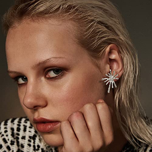 FIBO STEEL 9 Pairs 18k Gold Plated Geometric Earrings Exaggerated Statement Earrings Stylish Sectored Twisted Ginkgo Leaf Earrings for Women Silver Tone