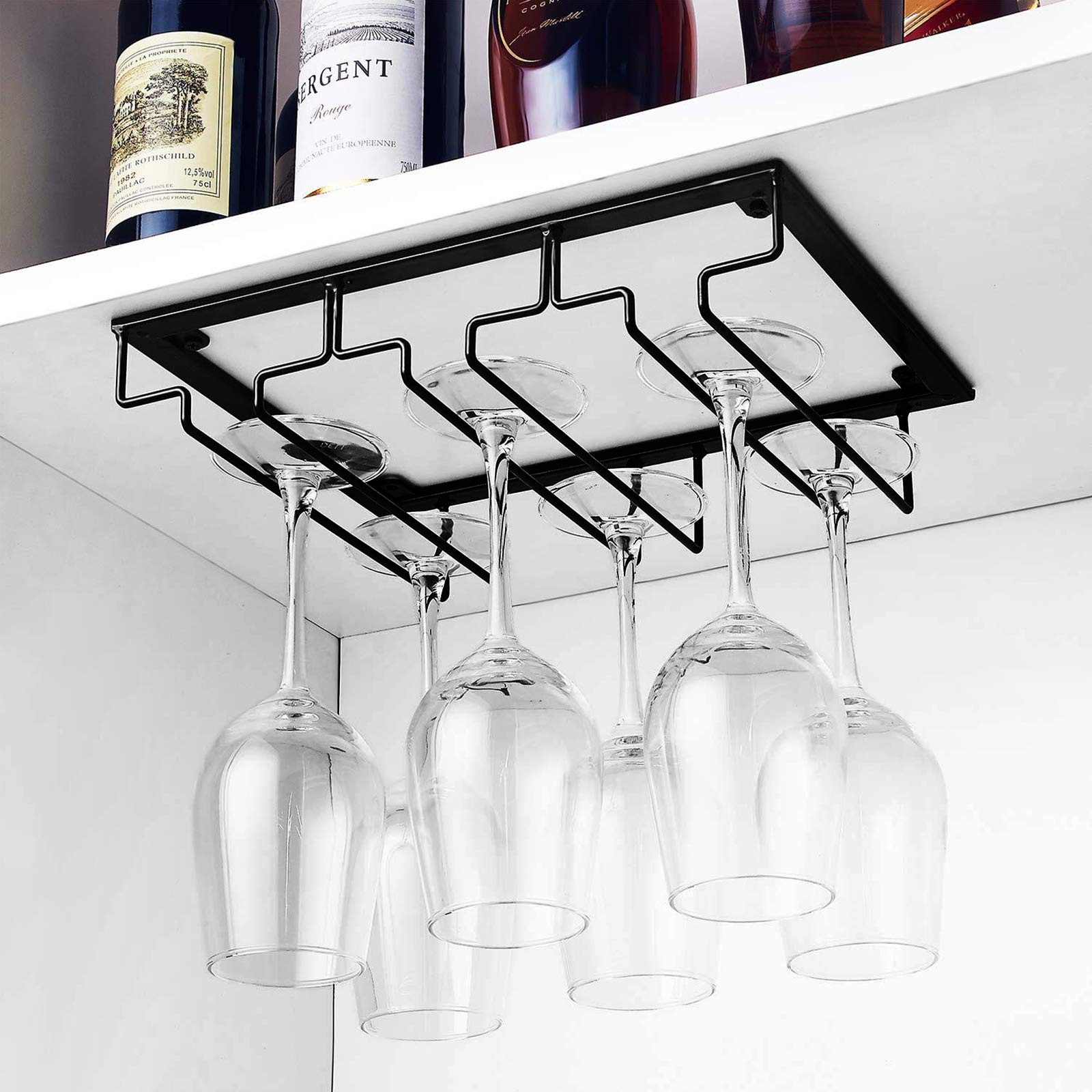 Wine Glass Holder, Wine Glass Rack Under Cabinet, Stemware Holder Metal Wine Glass Shelf Organizer, Wine Glass Storage Hanger Metal Organizer for Bar Cabinet Kitchen Decor (1 Pack, Black, 3 Rows)