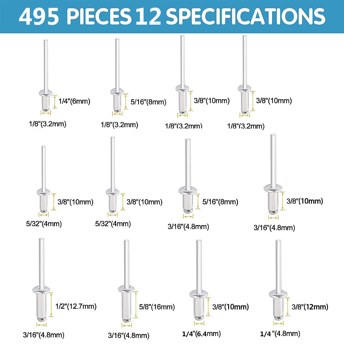 495Pcs Pop Rivets Assortment Kit,Pop Rivets Blind Rivets for Metal Assortment Kit 12 Values