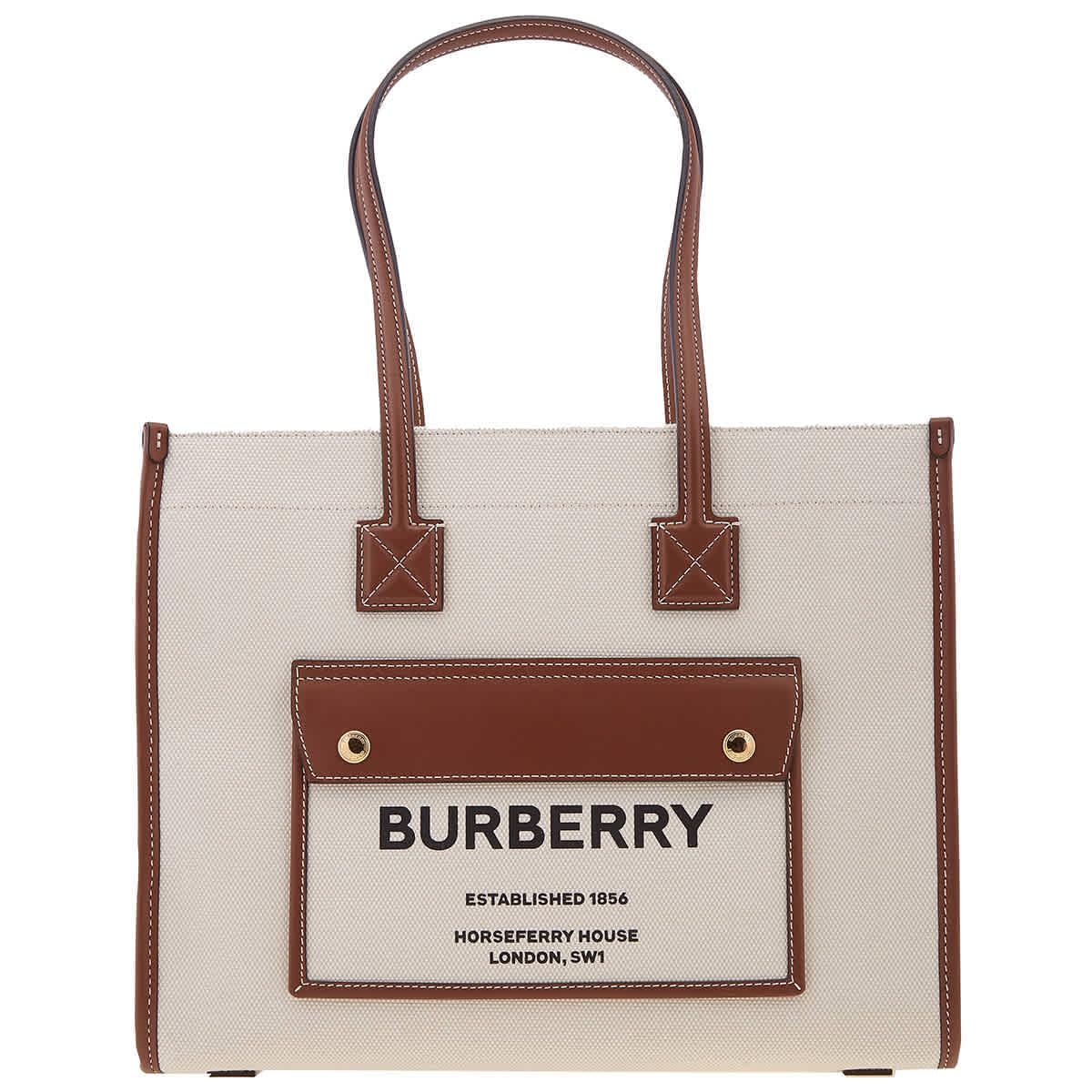 BURBERRY Freya Small Two-tone Canvas And Leather Tote In Natural/Tan