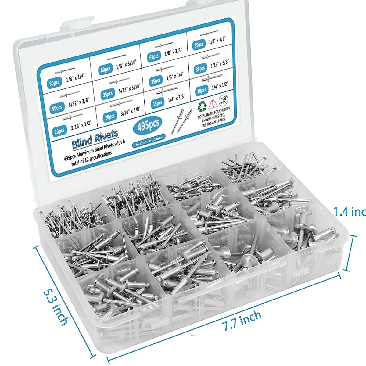 495Pcs Pop Rivets Assortment Kit,Pop Rivets Blind Rivets for Metal Assortment Kit 12 Values