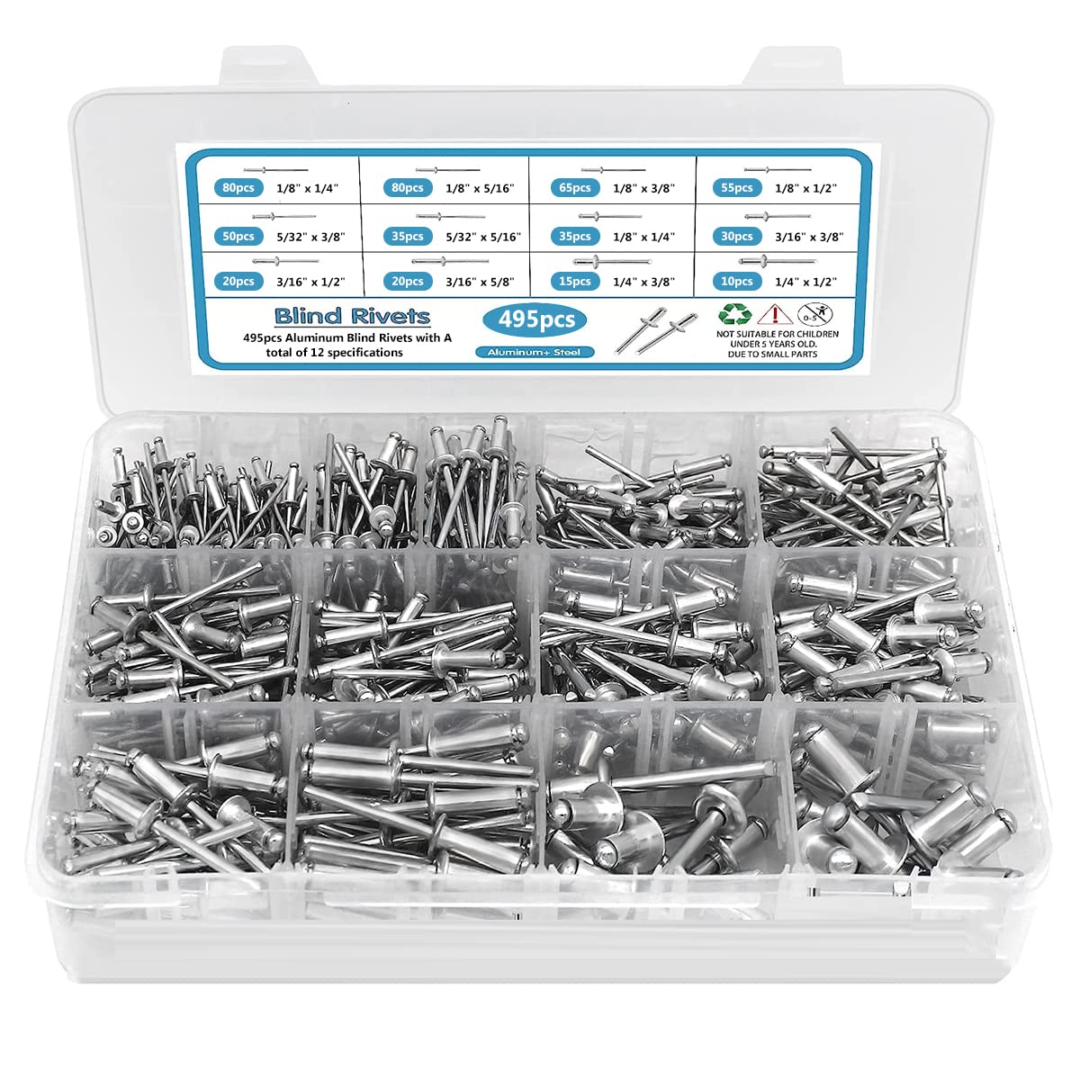 495Pcs Pop Rivets Assortment Kit,Pop Rivets Blind Rivets for Metal Assortment Kit 12 Values