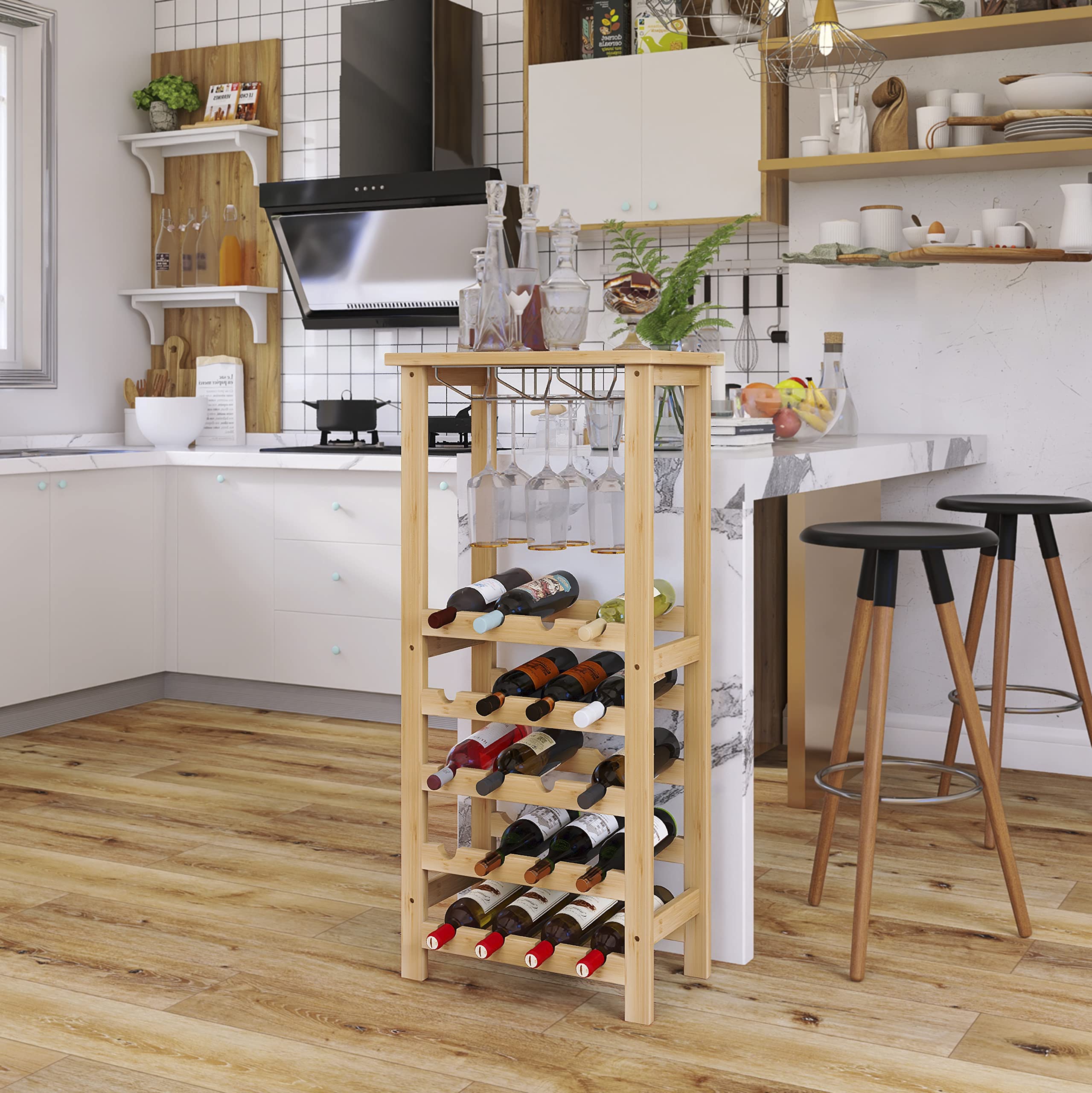 SMIBUY Wine Rack with Glass Holder & Table Top, 20 Bottles Storage, Floor Free Standing Bamboo Display Shelves for Home, Kitchen, Pantry, Cellar, Bar (Natural )