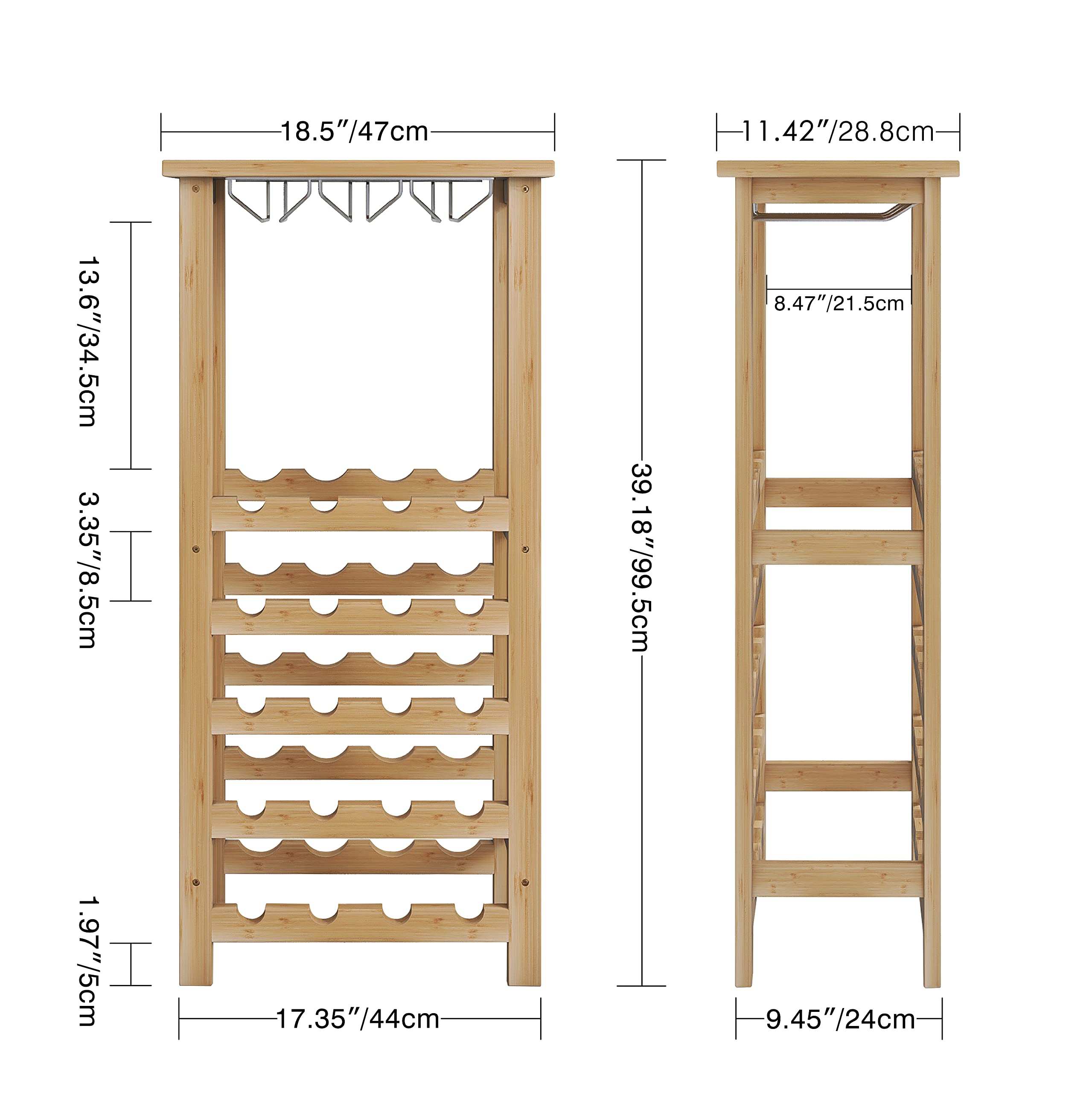 SMIBUY Wine Rack with Glass Holder & Table Top, 20 Bottles Storage, Floor Free Standing Bamboo Display Shelves for Home, Kitchen, Pantry, Cellar, Bar (Natural )
