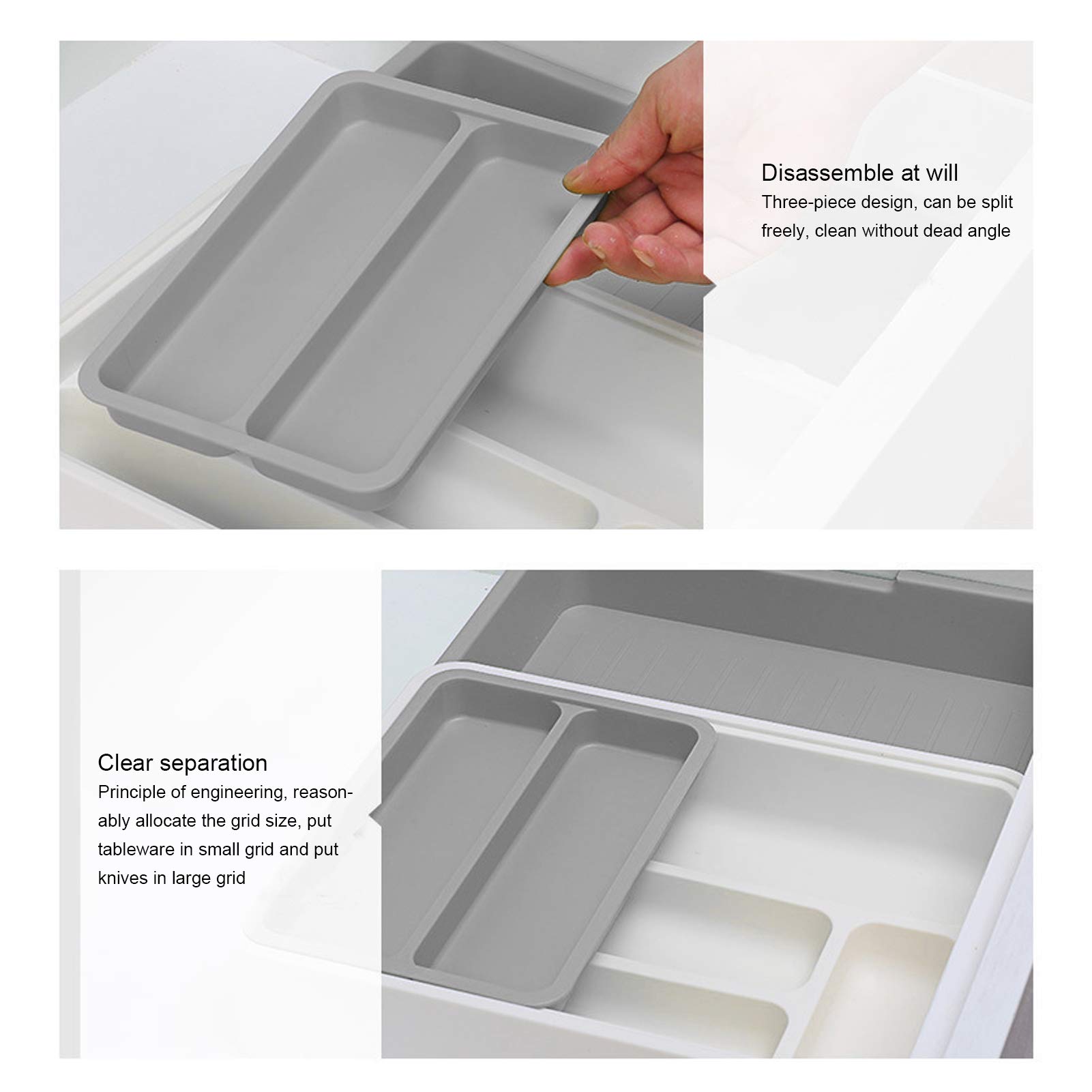 Yosoo Cutlery Organizer, 3-piece Combination Expandable Adjustable Cutlery Storage Tray 7 Compartments Tidy Drawer Utensil Organizer Silverware Organizer for Kitchen (12.4x9.3in)