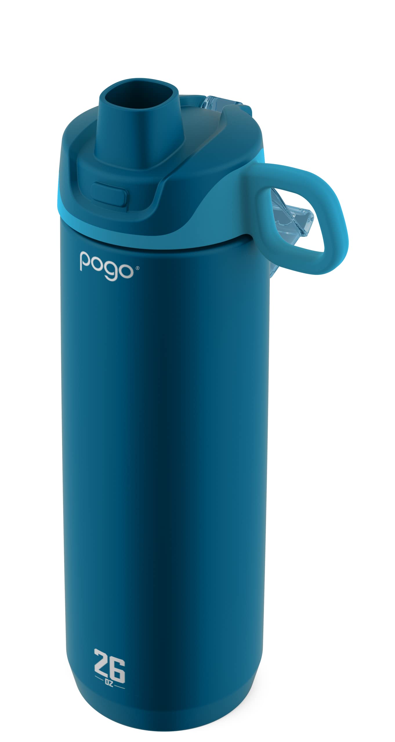 Pogo Active Vacuum Insulated Stainless Steel Water Bottle with Leak Proof Chug Lid and Silicone Carry Loop, Powdercoat, Poseidon, 26 oz