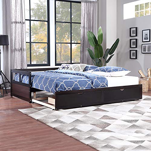 Flieks Daybed with Trundle Bed and 2 Storage Drawers, Sofa Bed, 78.2" L x 79" W Extendable Bed Daybed for Bedroom Living Room
