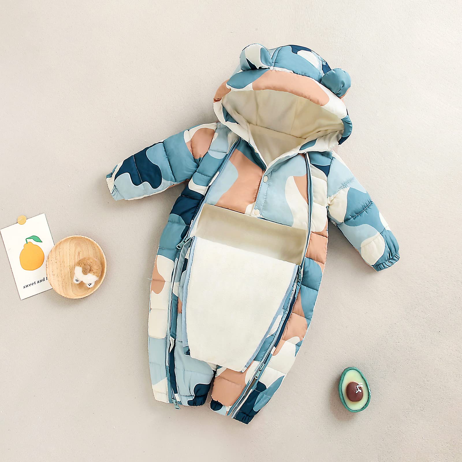 JunNeng Baby Toddler Thicken Fleece Lined Romper Snowsuit with Boots,Winter Cartoon Snow Wear Jumpsuit Outfit,Green Camo 3-6M