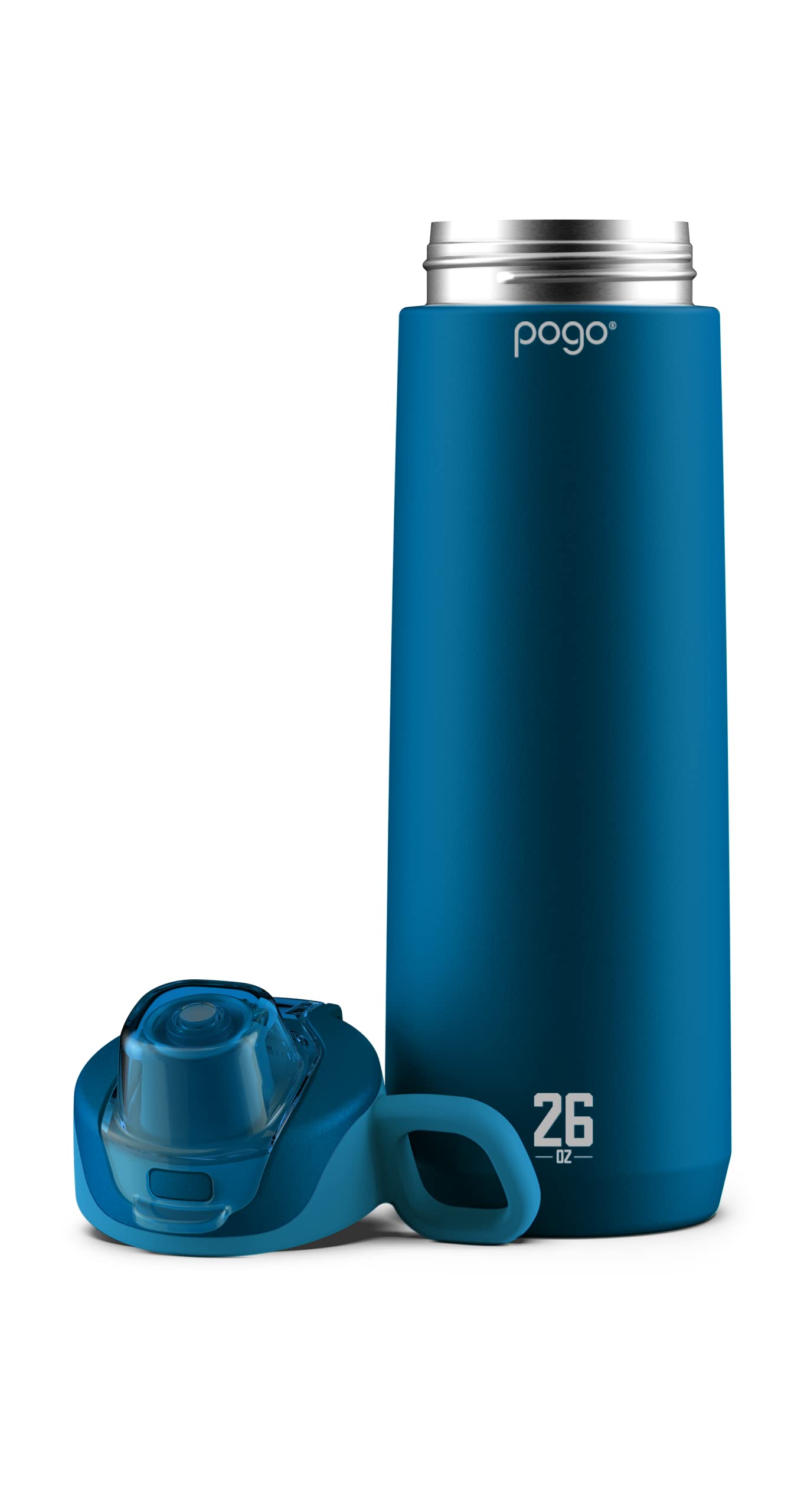 Pogo Active Vacuum Insulated Stainless Steel Water Bottle with Leak Proof Chug Lid and Silicone Carry Loop, Powdercoat, Poseidon, 26 oz