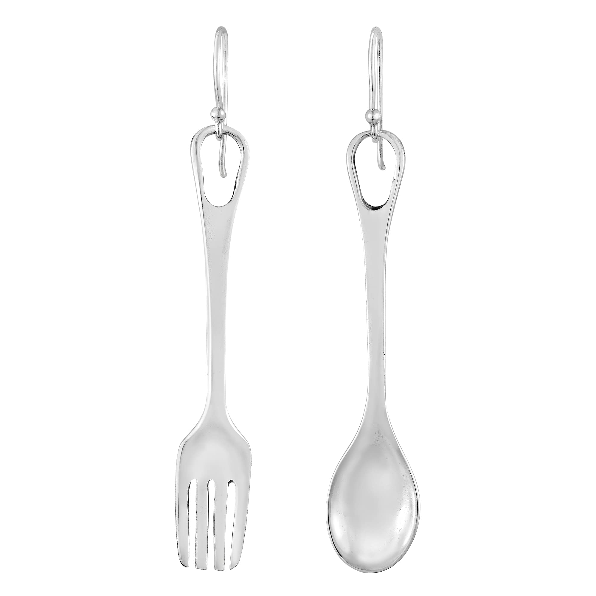 AeraVida Stylish Bon Appétit Spoon and Fork Mismatched Pair .925 Sterling Silver Cutlery Set Fishhook Dangle Earrings for Foodies and Fine Dining Fashion Accessories