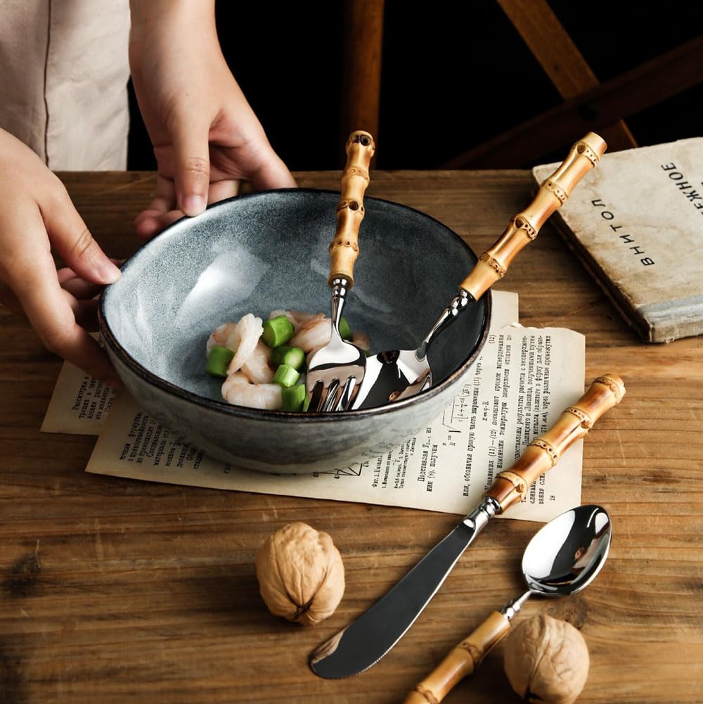 20 piece Bamboo Silverware Set 18/8 Stainless Steel Cutlery Set Flatware Set for 4 Natural Bamboo Utensil Spoon Fork Knives Tableware Utensil Sets Set for Kitchen Wedding Home Restaurant Party