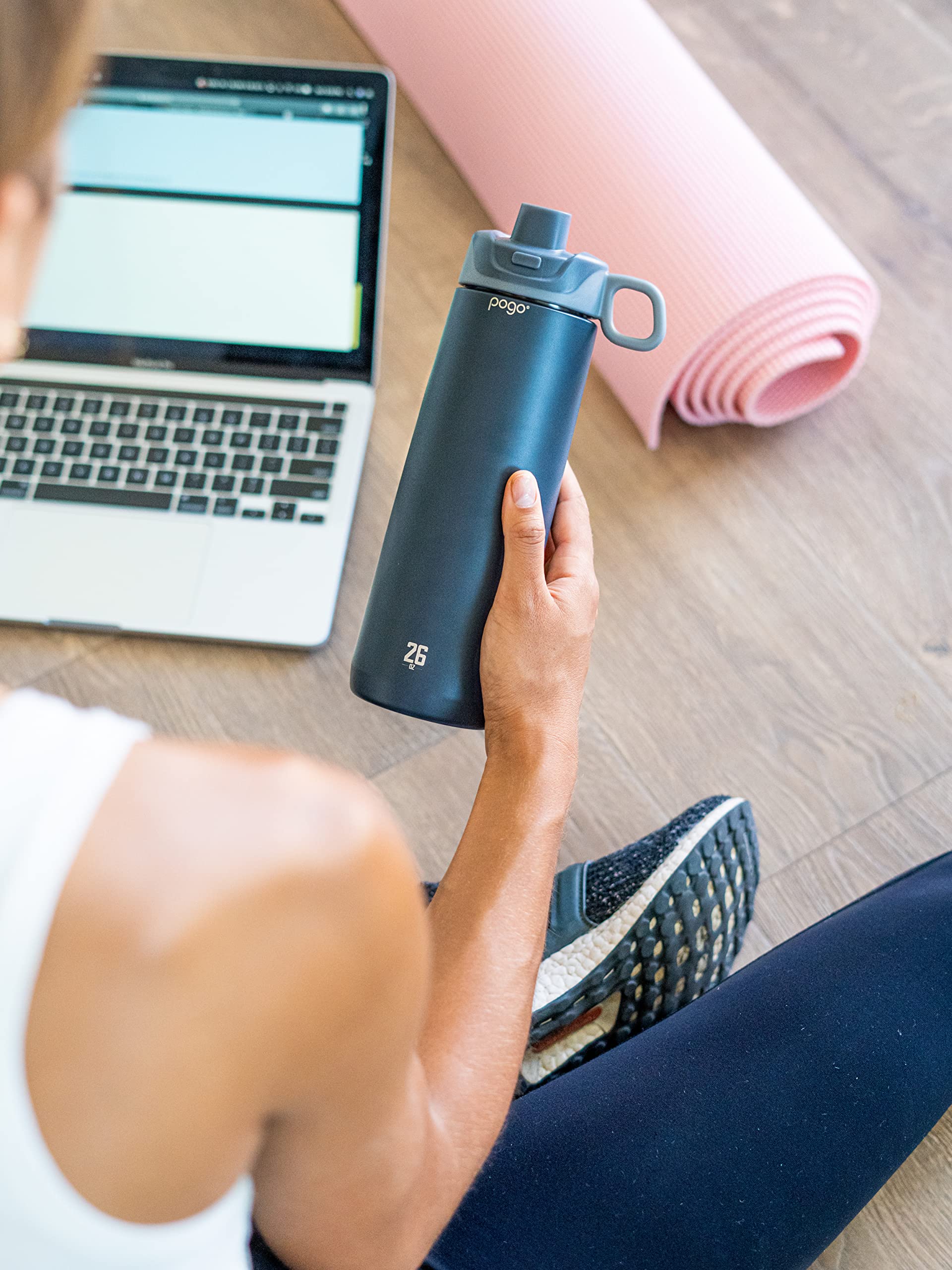 Pogo Active Vacuum Insulated Stainless Steel Water Bottle with Leak Proof Chug Lid and Silicone Carry Loop, Powdercoat, Poseidon, 26 oz