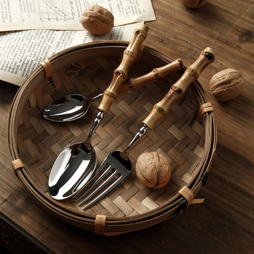 20 piece Bamboo Silverware Set 18/8 Stainless Steel Cutlery Set Flatware Set for 4 Natural Bamboo Utensil Spoon Fork Knives Tableware Utensil Sets Set for Kitchen Wedding Home Restaurant Party