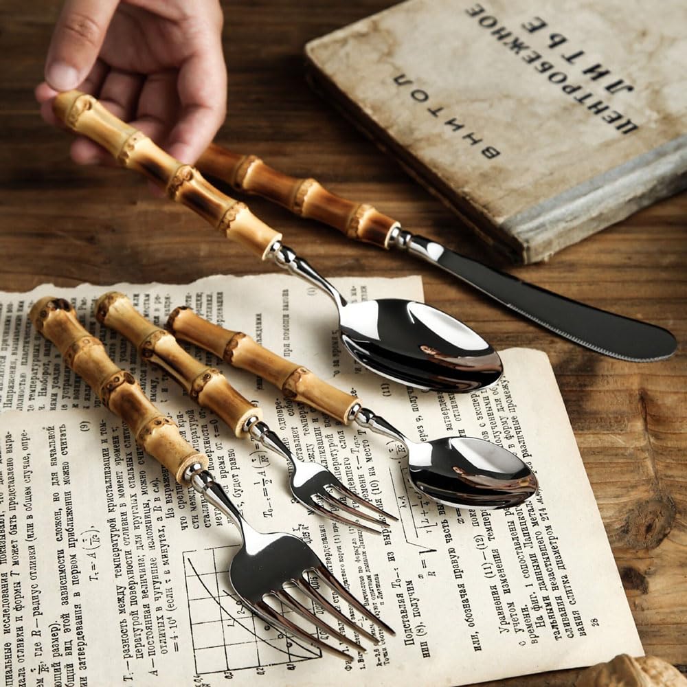 20 piece Bamboo Silverware Set 18/8 Stainless Steel Cutlery Set Flatware Set for 4 Natural Bamboo Utensil Spoon Fork Knives Tableware Utensil Sets Set for Kitchen Wedding Home Restaurant Party