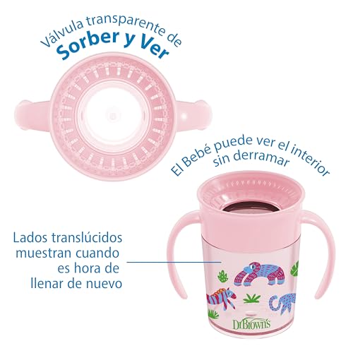 Dr. Brown's Milestones Cheers 360 Cup Spoutless Transition Cup with Handles for Easy Grip and Leak-Free Learning, Pink Safari, 7 oz/200 mL