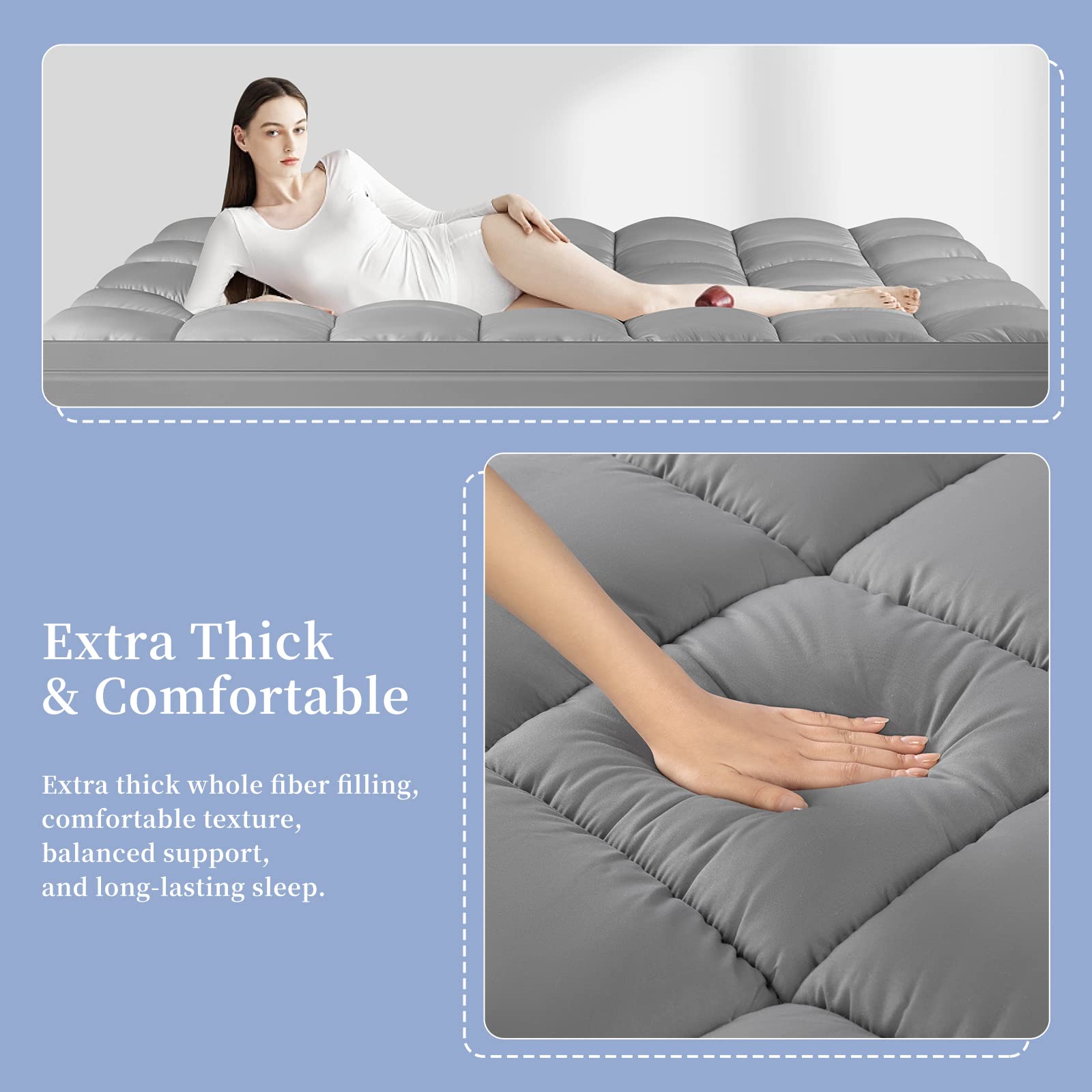 REDASW Mattress Pad King Size,Extra Thick Cooling Mattress Cover,Mattress Topper with 8-21" Deep Pocket,Mattress Pad Cover Cotton Top,Grey,78x80 Inches