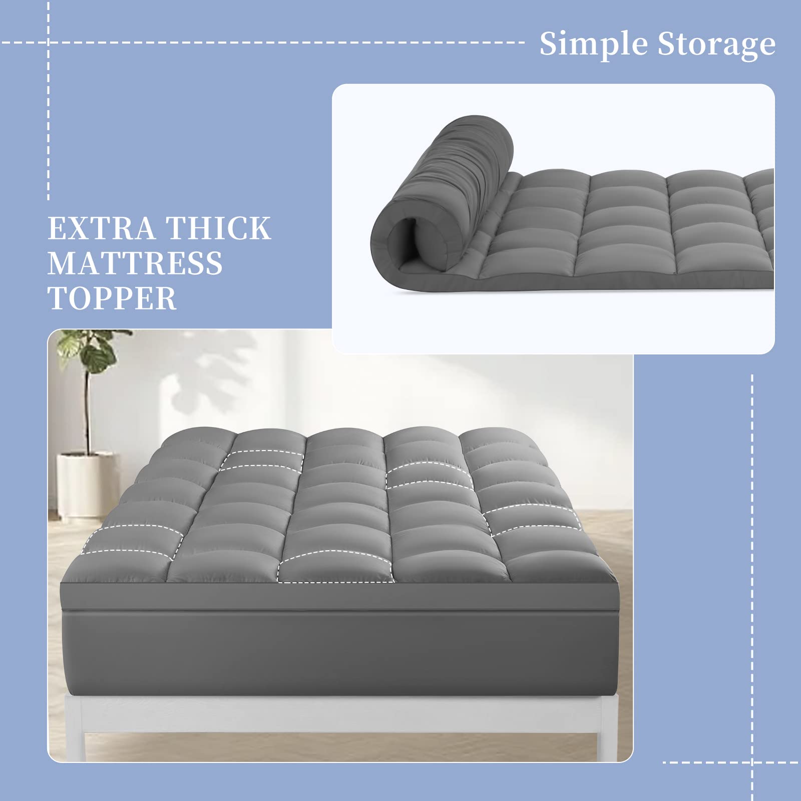 REDASW Mattress Pad King Size,Extra Thick Cooling Mattress Cover,Mattress Topper with 8-21" Deep Pocket,Mattress Pad Cover Cotton Top,Grey,78x80 Inches