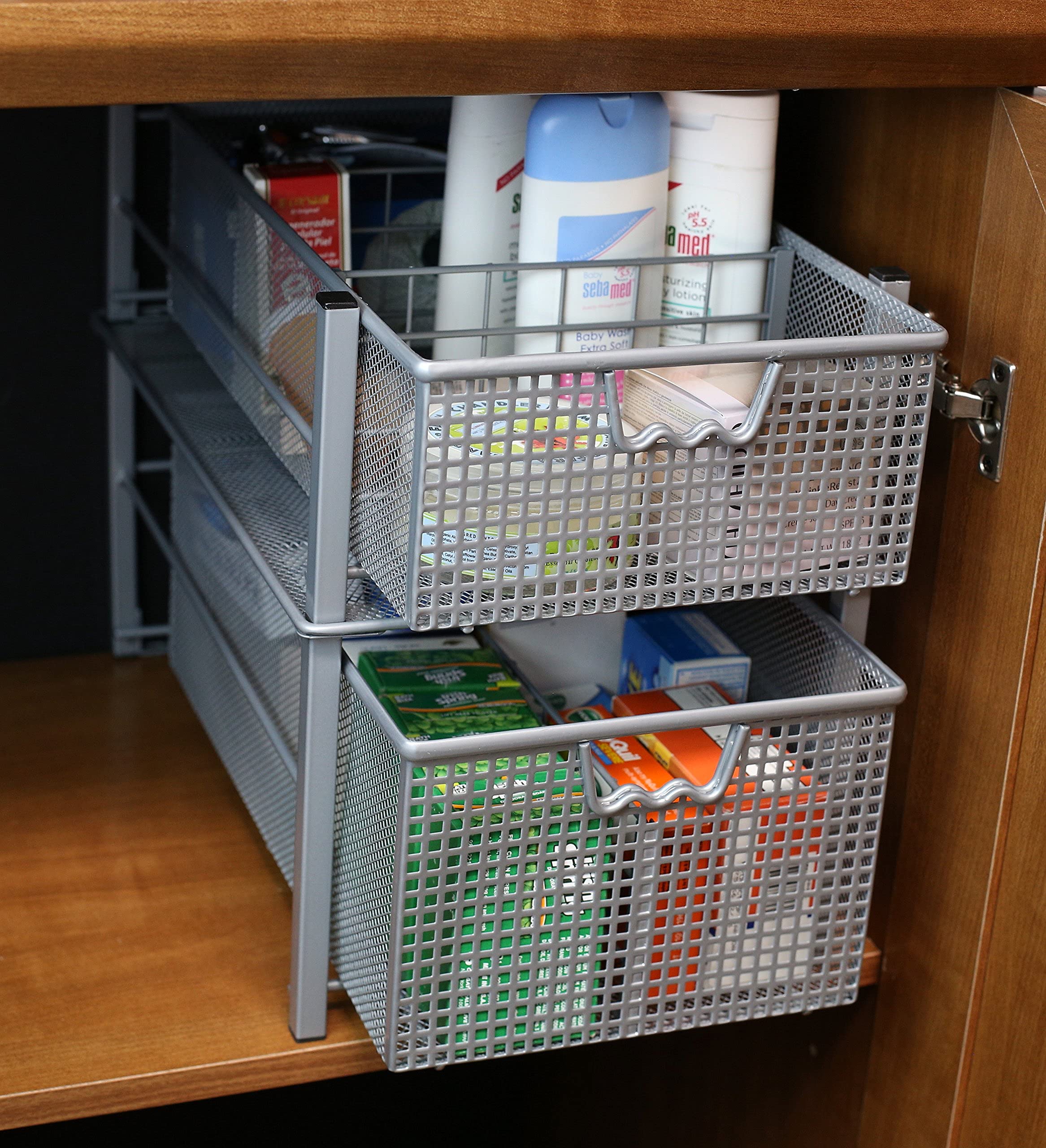 DecoBros Sliding Cabinet Basket Organizer Drawer, Silver