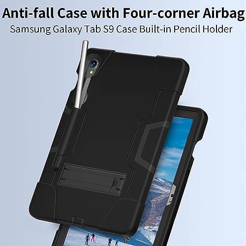 Kezigud Shockproof Kickstand Case for Galaxy Tab S9 11''/S9 FE 10.9'', Heavy Duty Hybrid Rugged Three Layer Soft Silicone+Hard PC with S-Pen Holder Cover for Samsung Tab S9/S9 FE 2023(Black)