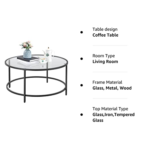 Yaheetech 36in Modern Coffee Table,Black Round Tempered Glass Coffee Tables w/Protective Foot Pads,Metal Structure & Reinforced Frame for Living Room,Dining Room,Apartment,Small Space
