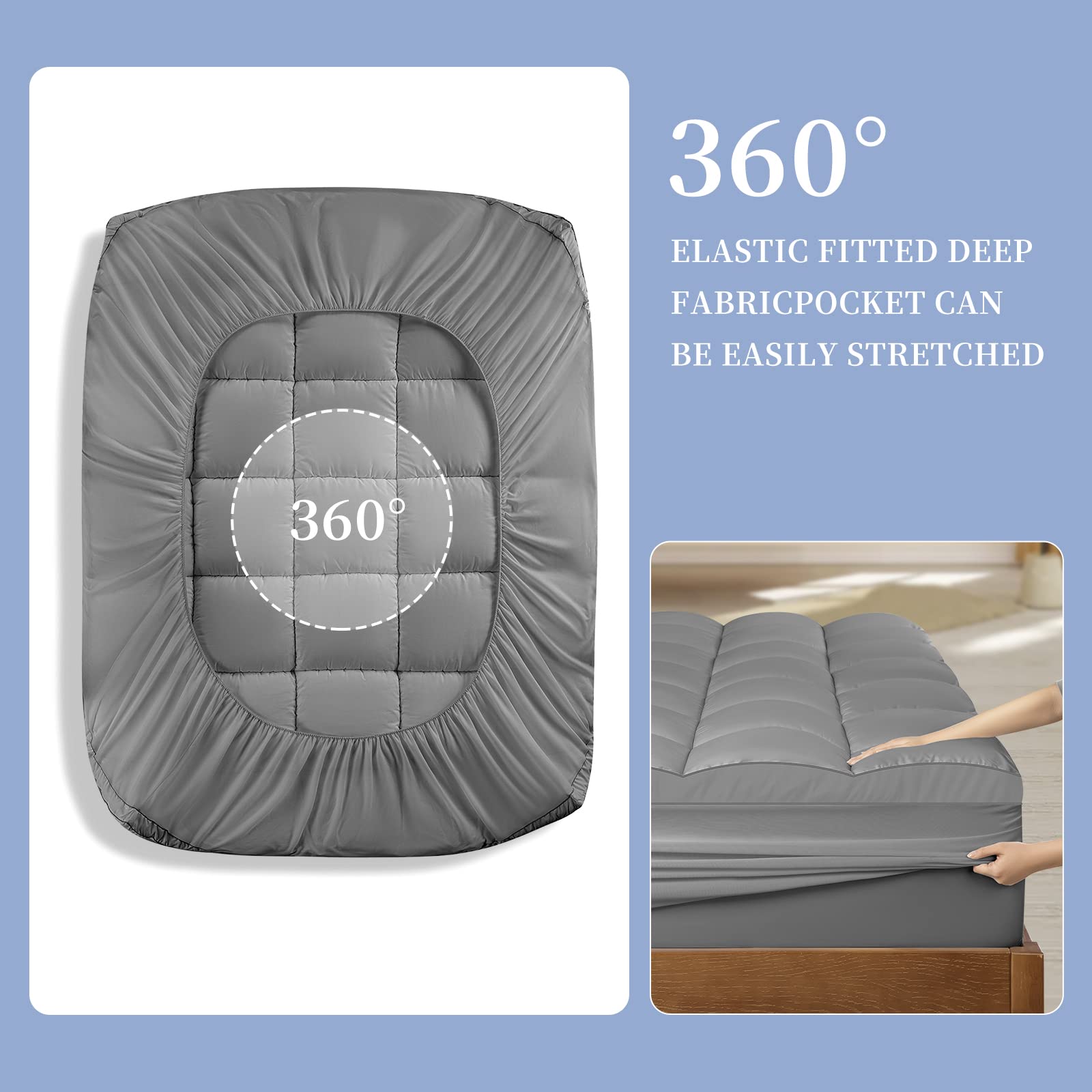REDASW Mattress Pad King Size,Extra Thick Cooling Mattress Cover,Mattress Topper with 8-21" Deep Pocket,Mattress Pad Cover Cotton Top,Grey,78x80 Inches