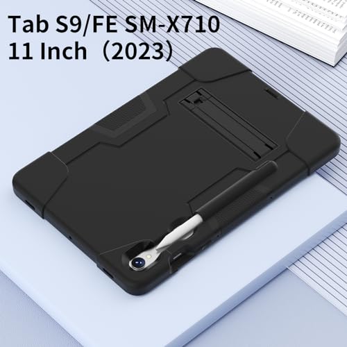 Kezigud Shockproof Kickstand Case for Galaxy Tab S9 11''/S9 FE 10.9'', Heavy Duty Hybrid Rugged Three Layer Soft Silicone+Hard PC with S-Pen Holder Cover for Samsung Tab S9/S9 FE 2023(Black)