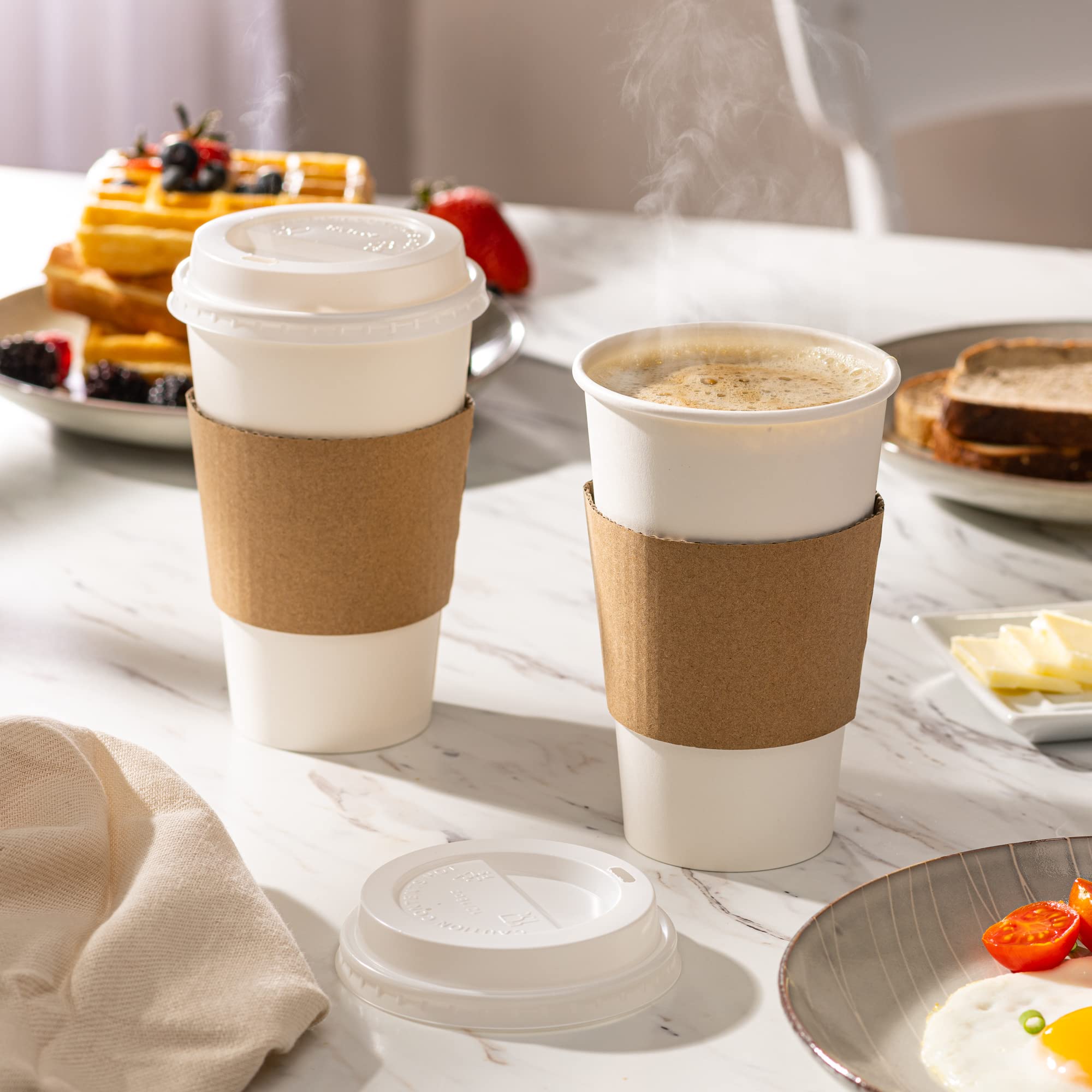 GUSTO [50 Sets 16 oz. Disposable White Coffee Cups with White Lids, Sleeves - To Go Paper Hot Cups - Formerly Comfy Package