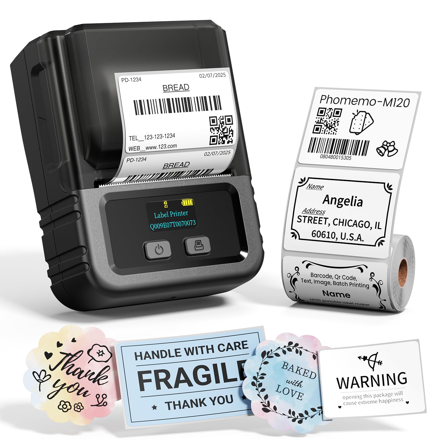 Phomemo M120 Label Maker- Barcode Printer Bluetooth Thermal Label Maker Machine 2 Inch 50mm Barcode Label Printer for Retail, QR Code, Small Business, Compatible with Android, iOS & PC, Black