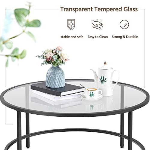 Yaheetech 36in Modern Coffee Table,Black Round Tempered Glass Coffee Tables w/Protective Foot Pads,Metal Structure & Reinforced Frame for Living Room,Dining Room,Apartment,Small Space
