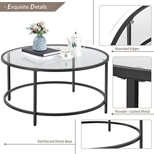 Yaheetech 36in Modern Coffee Table,Black Round Tempered Glass Coffee Tables w/Protective Foot Pads,Metal Structure & Reinforced Frame for Living Room,Dining Room,Apartment,Small Space
